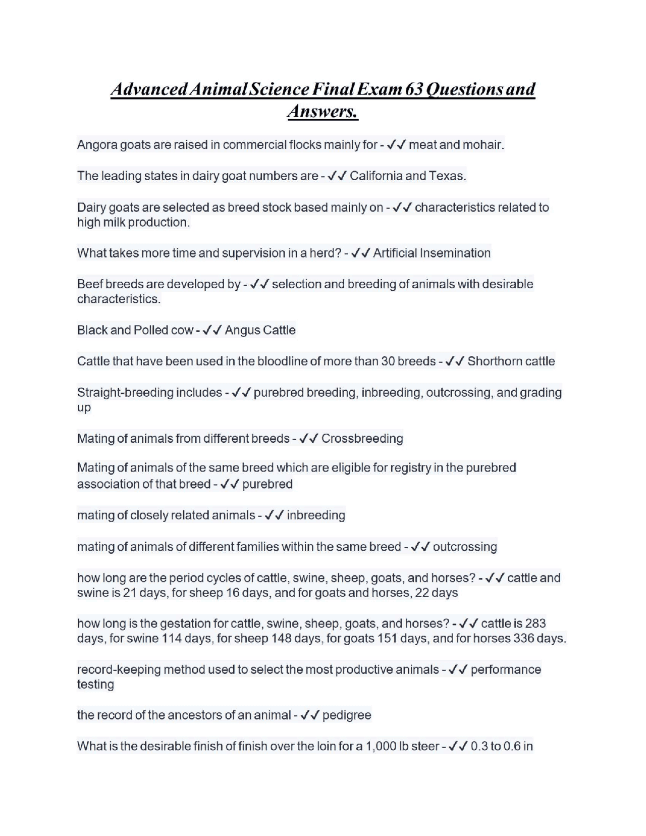 Advanced Animal Science Final Exam 63 Questions and Answers. | Exams ...