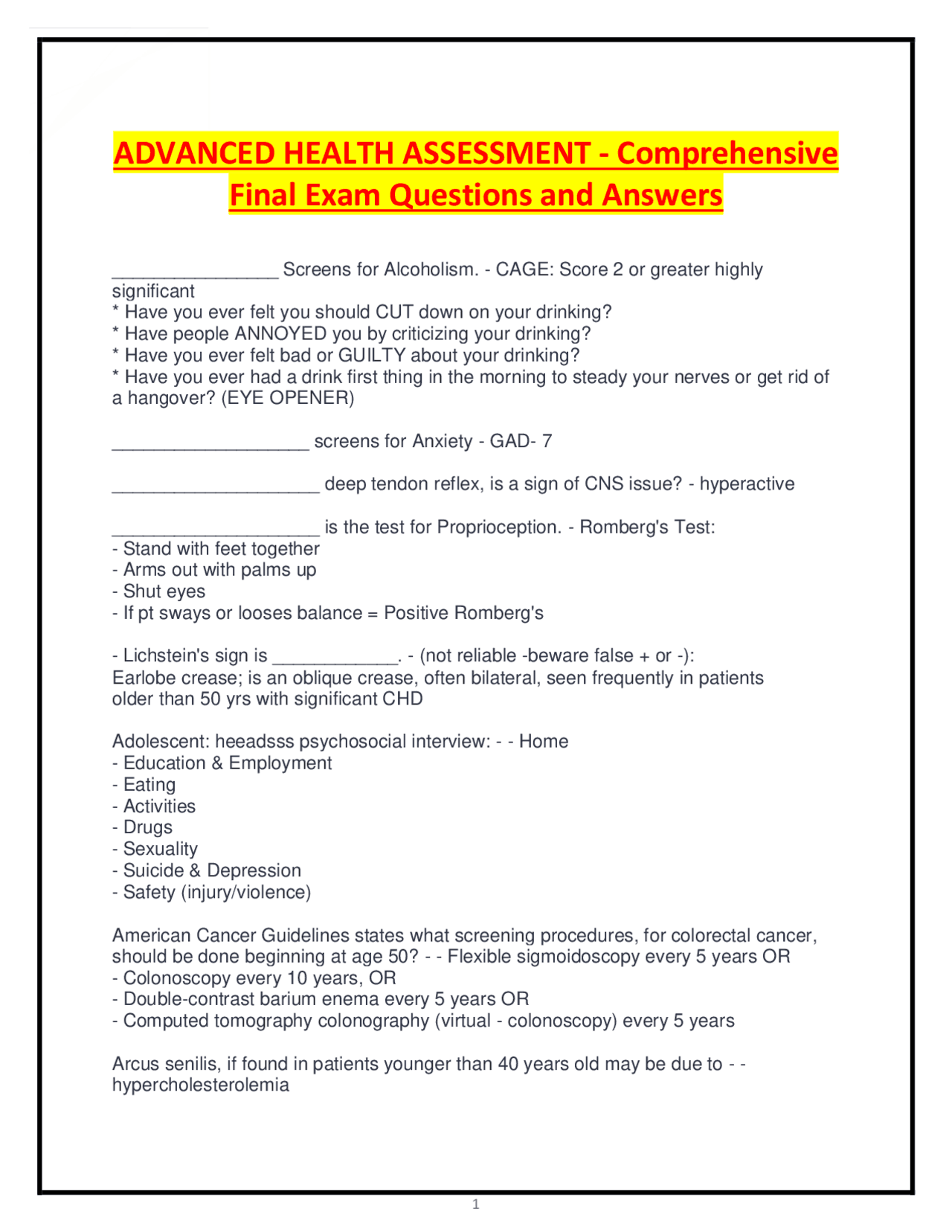 Advanced Health Assessment: Comprehensive Final Exam Questions and ...