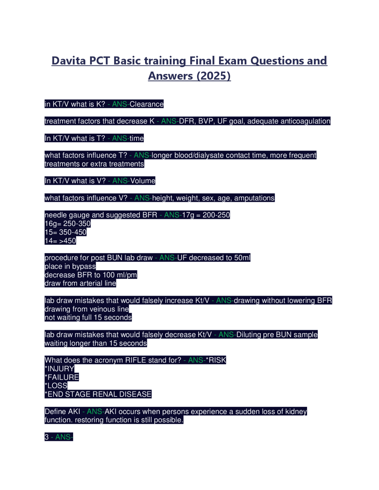 Davita PCT Basic Training Final Exam Questions and Answers (2025 ...