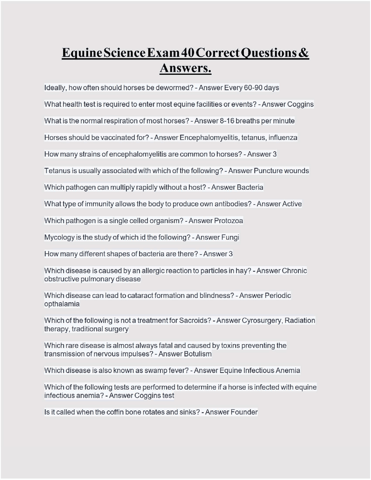 Equine Science Exam 40 Correct Questions & Answers. | Exams Equine ...
