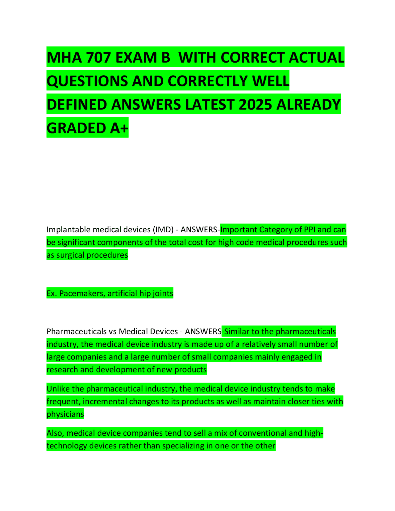 MHA 707 Exam B: Implantable Medical Devices, Healthcare Systems, and ...