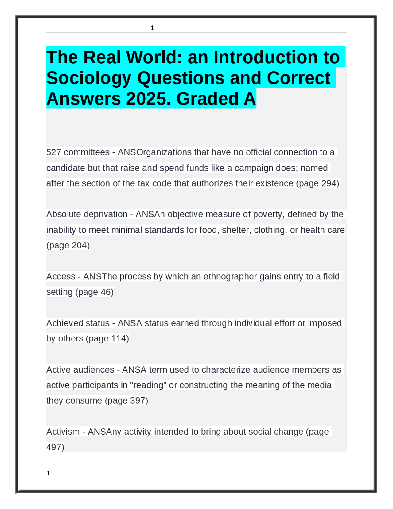 The Real World: an Introduction to Sociology Questions and Correct ...