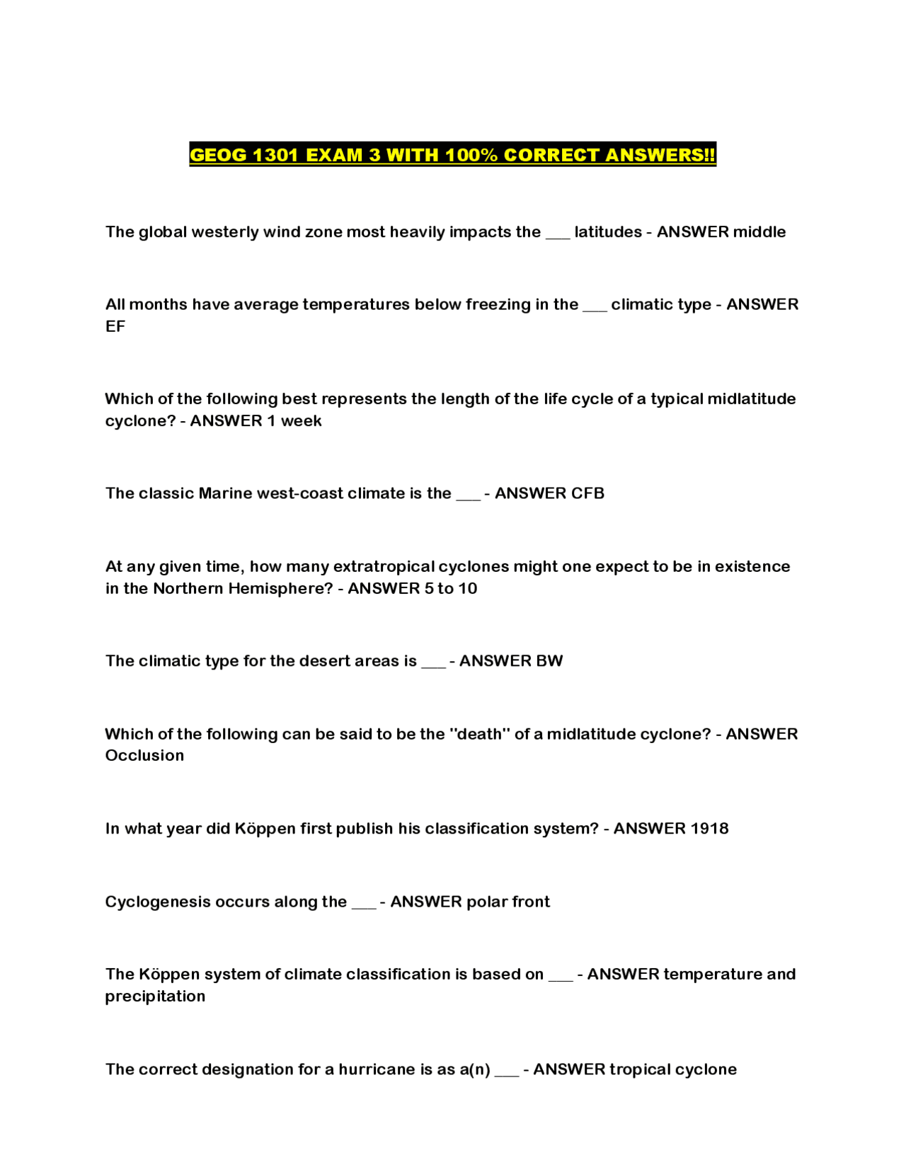 GEOG 1301 Exam 3: Climate and Weather | Exams Geography | Docsity