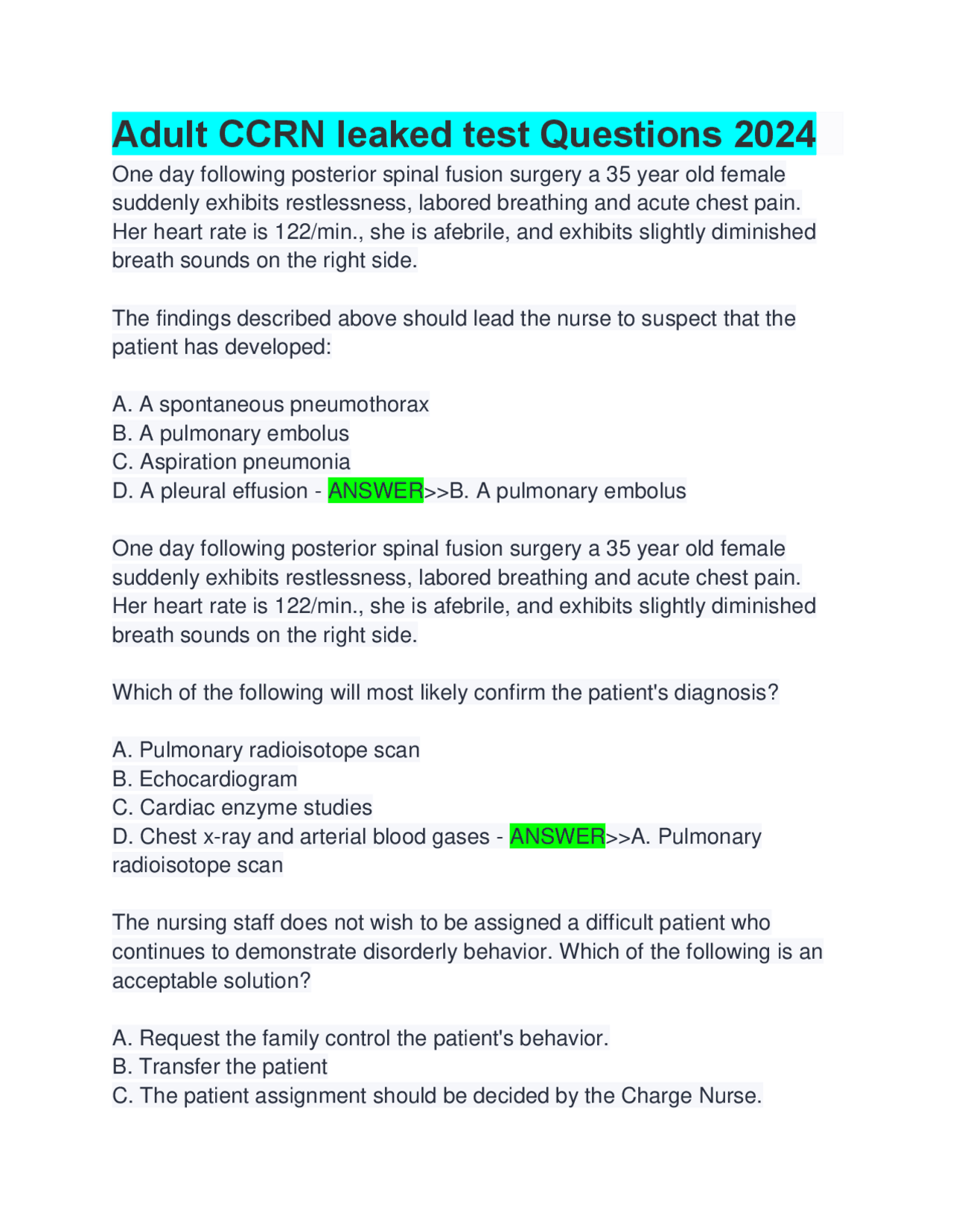 Adult CCRN leaked test Questions 2024 | Exams Nursing | Docsity