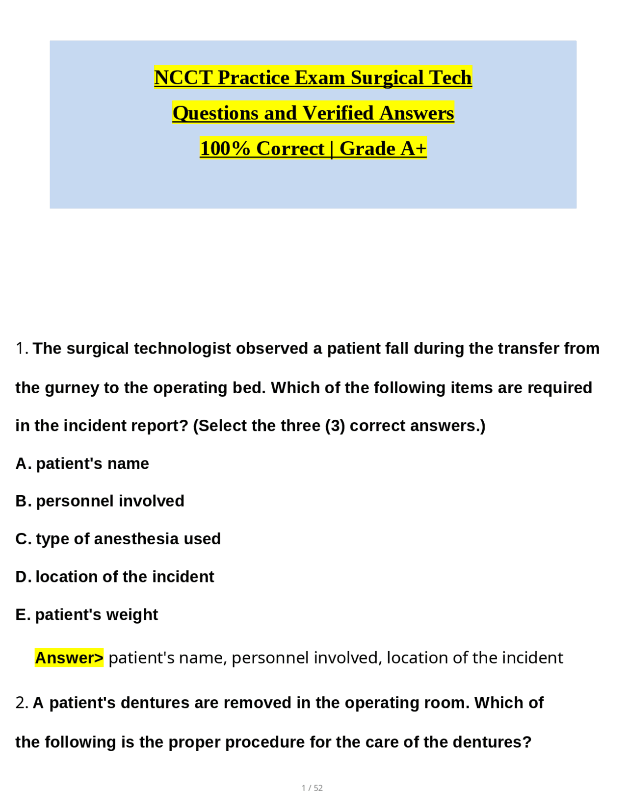 NCCT Practice Exam Surgical Tech Exam (Latest 2025 / 2026 Update ...