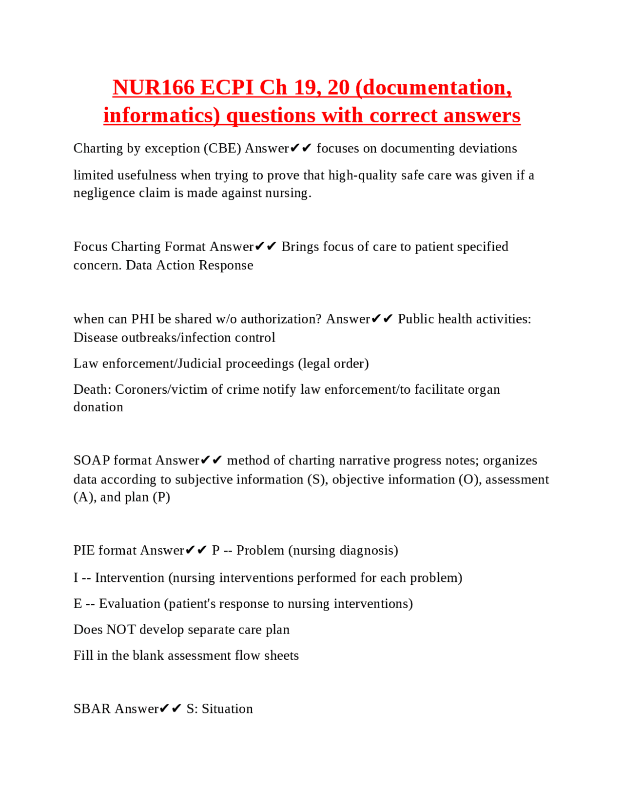 NUR166 ECPI Ch 19, 20 (documentation, informatics) questions with ...