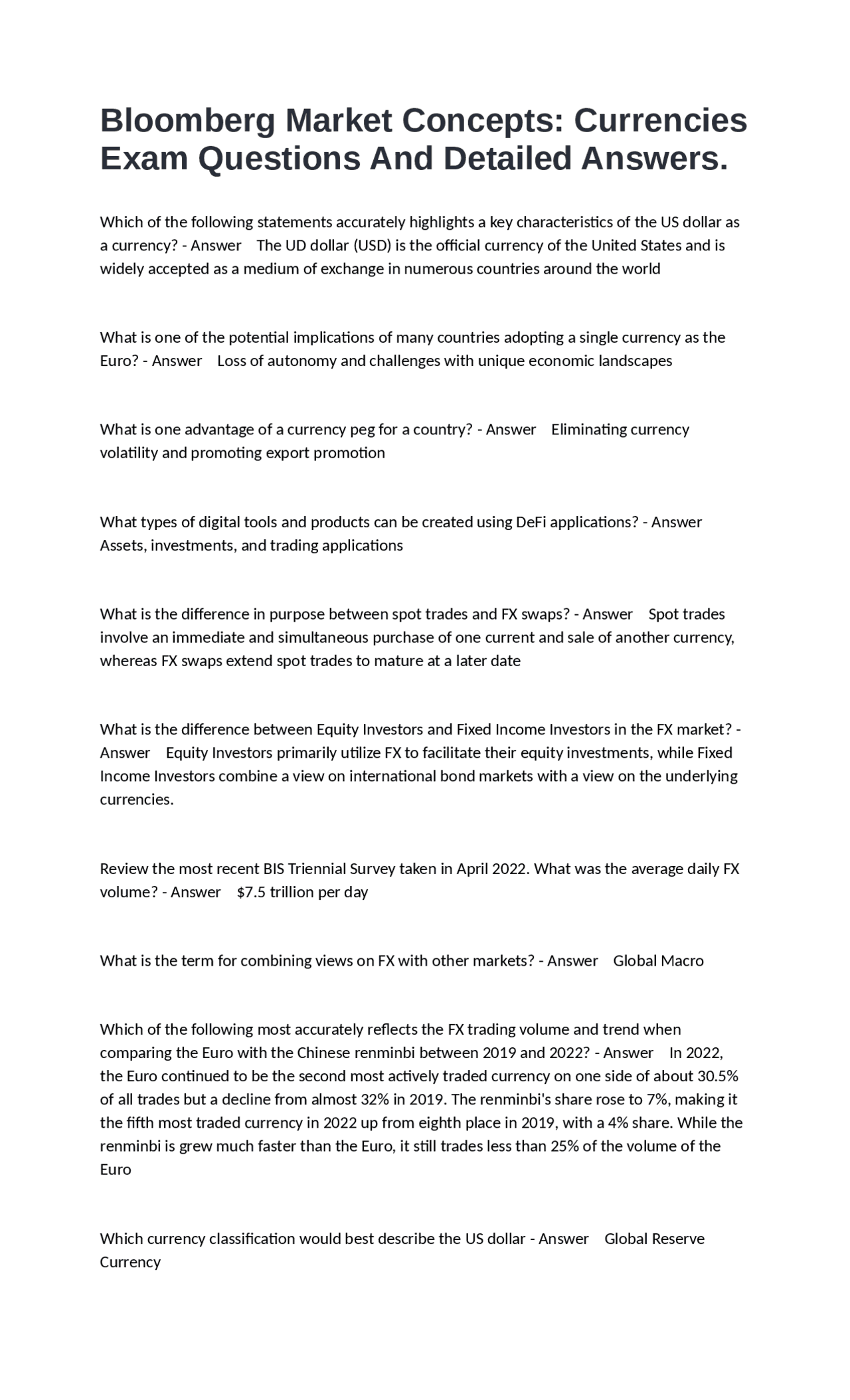 Bloomberg Market Concepts: Currencies Exam Questions And Detailed ...
