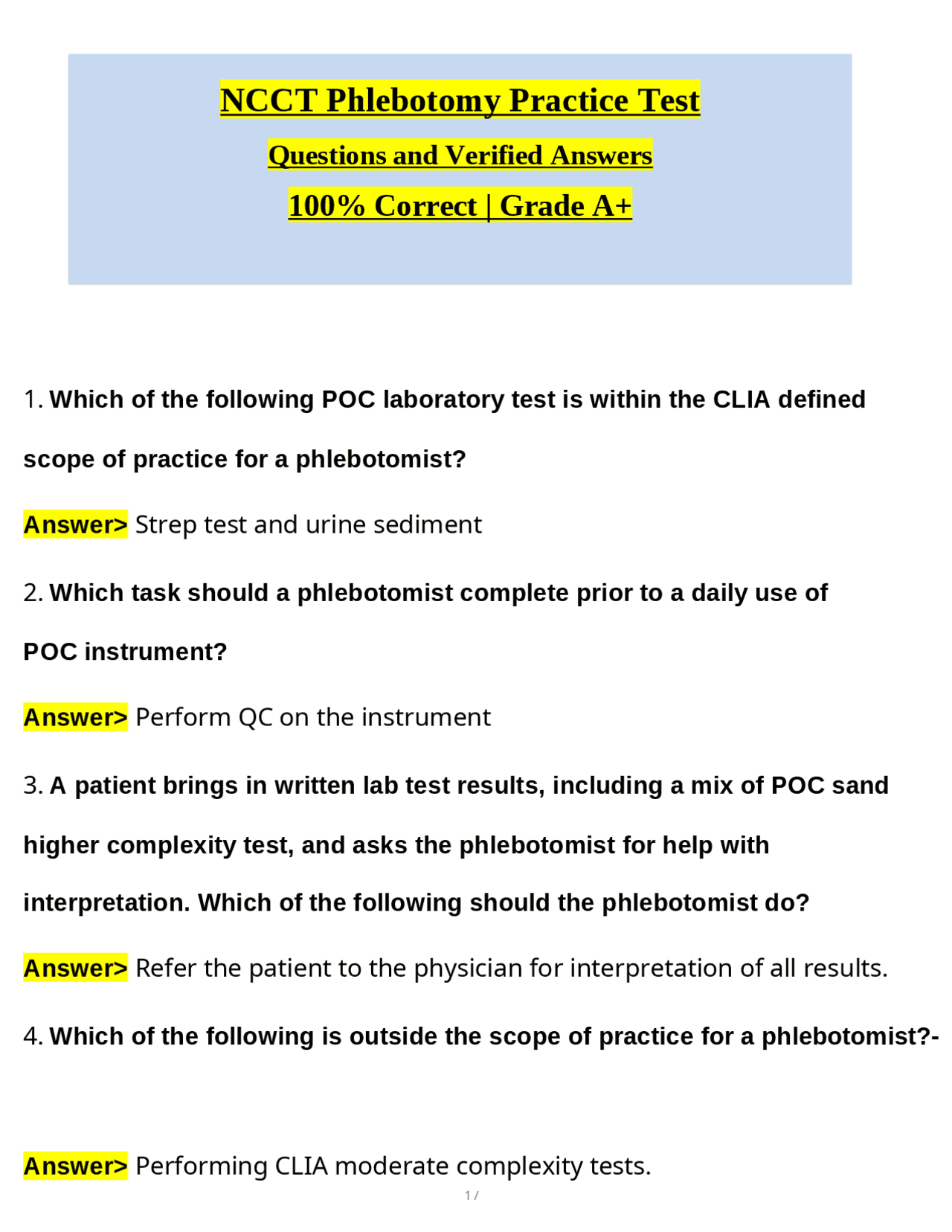 NCCT Phlebotomy Practice Test (Latest 2025 / 2026 Update) Questions and ...