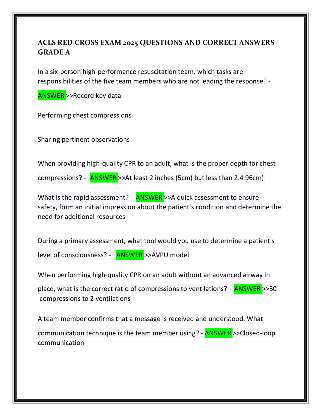 ACLS RED CROSS EXAM 2025 QUESTIONS AND CORRECT ANSWERS | Exams Nursing ...