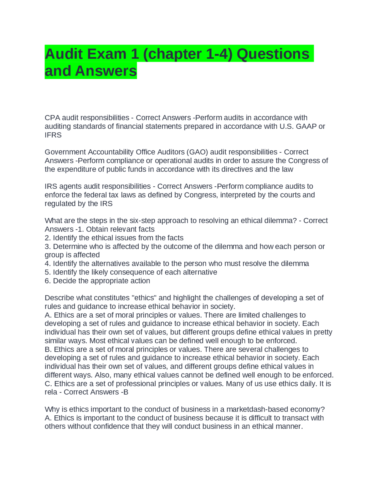 Audit Exam 1 (chapter 1-4) Questions and Answers || Graded A | Exams ...