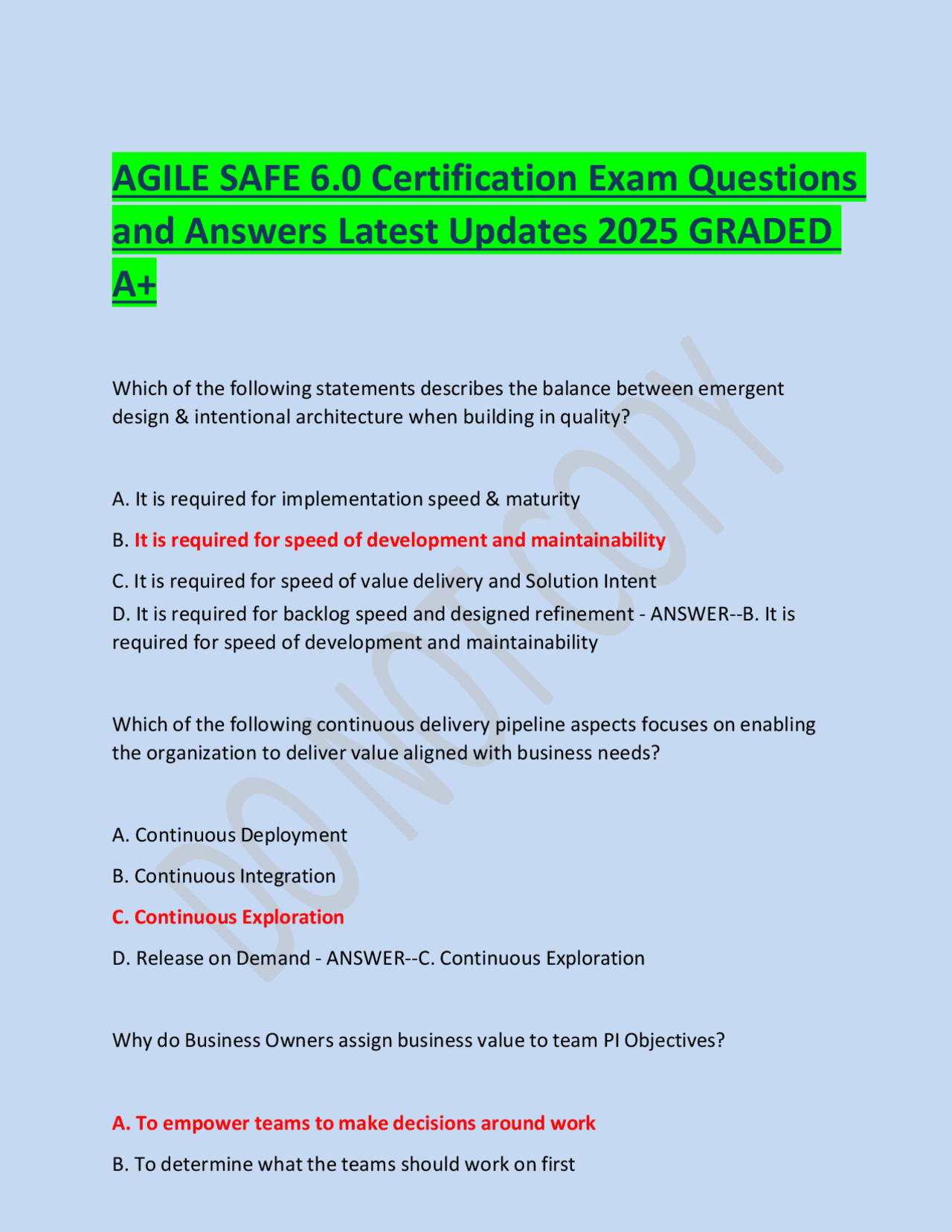 AGILE SAFE 6.0 Certification Exam Questions and Answers Latest Updates ...