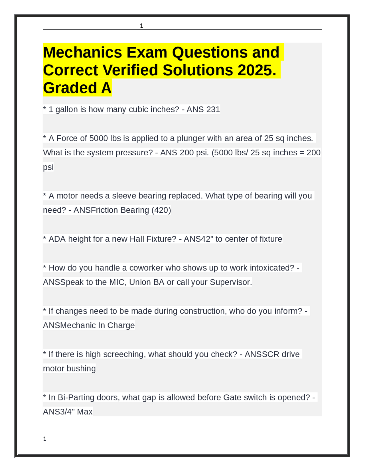 Mechanics Exam Questions and Correct Verified Solutions 2025. Graded A ...