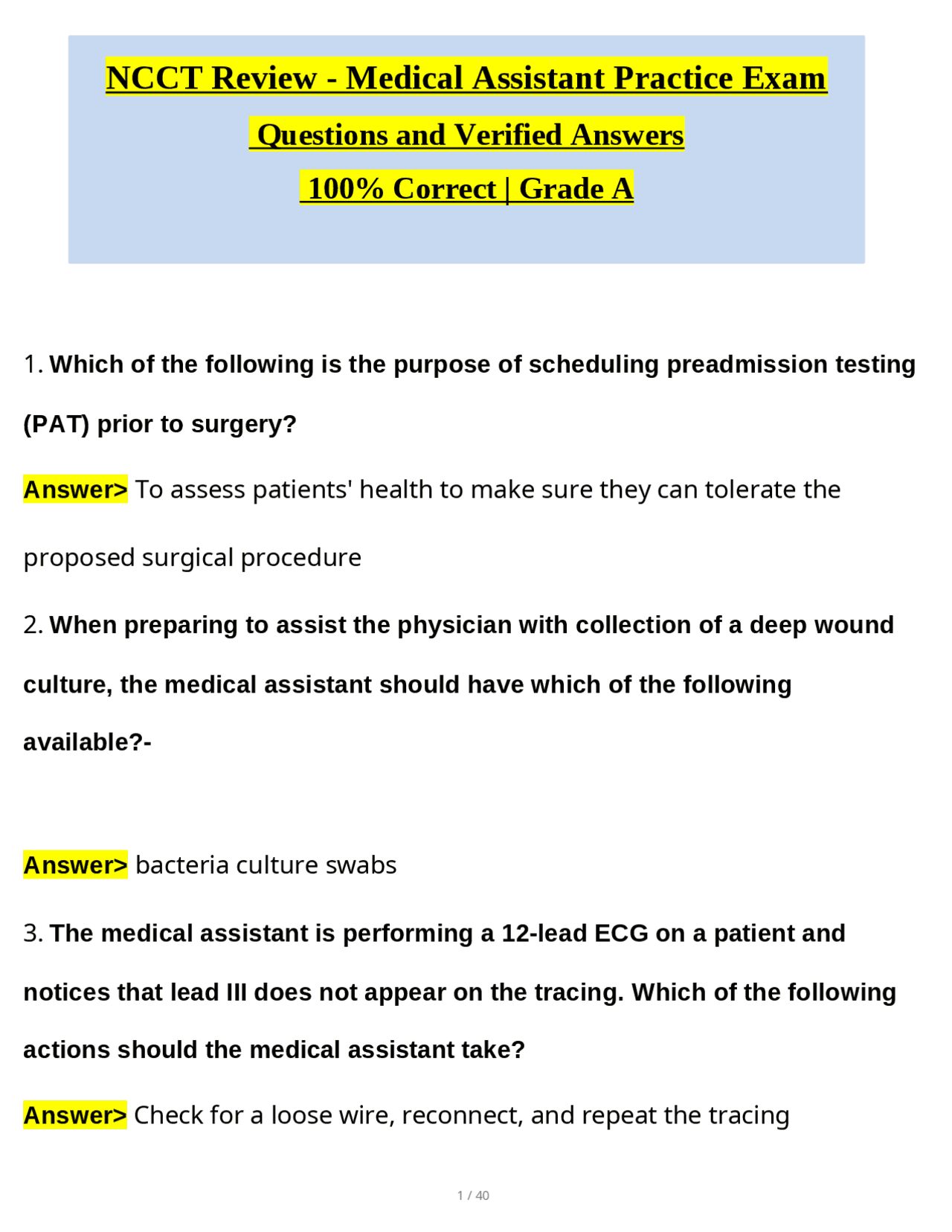 NCCT Medical Assistant Practice Exam Review (Latest 2025 / 2026 Update ...