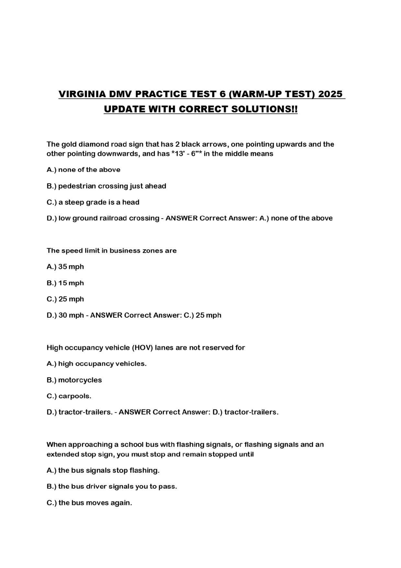 VIRGINIA DMV PRACTICE TEST 6 (WARM-UP TEST) 2025 UPDATE WITH CORRECT ...