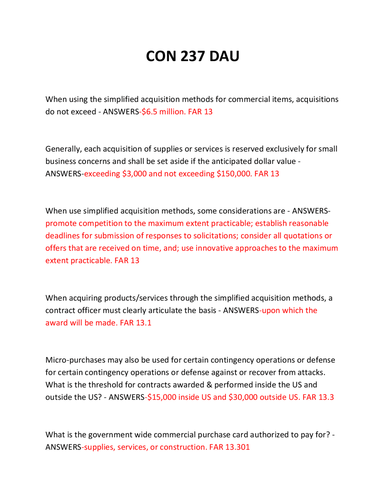 CON 237 DAU QUESTIONS AND ANSWERS 2025 | Exams Advanced Education | Docsity