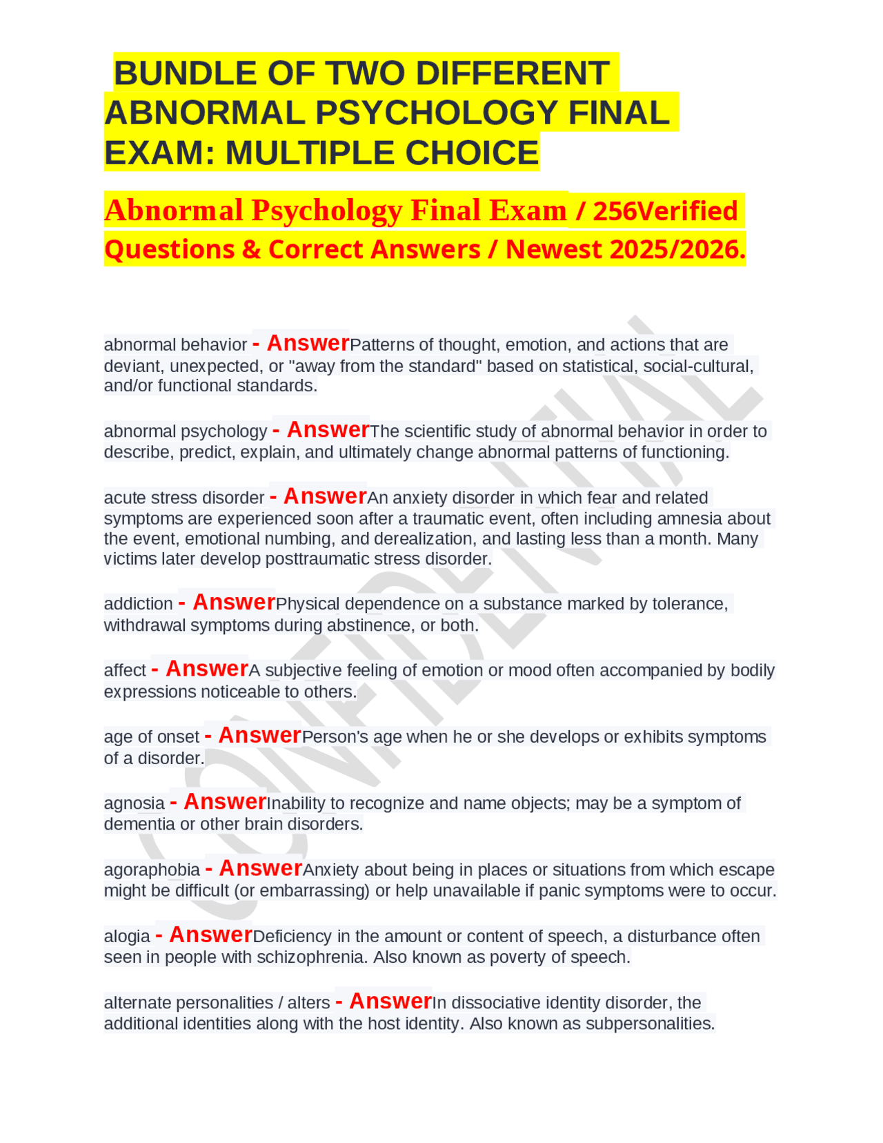 BUNDLE OF TWO DIFFERENT ABNORMAL PSYCHOLOGY FINAL EXAM: MULTIPLE CHOICE ...