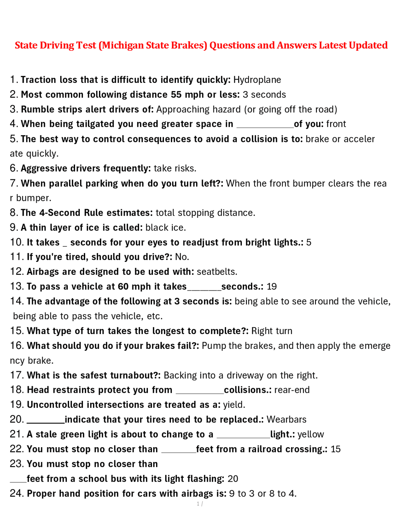 State Driving Test (Michigan State Brakes)Questions and Answers Latest ...