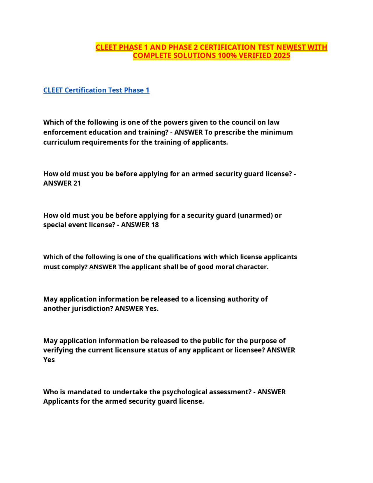 CLEET PHASE 1 AND PHASE 2 CERTIFICATION TEST NEWEST WITH COMPLETE ...