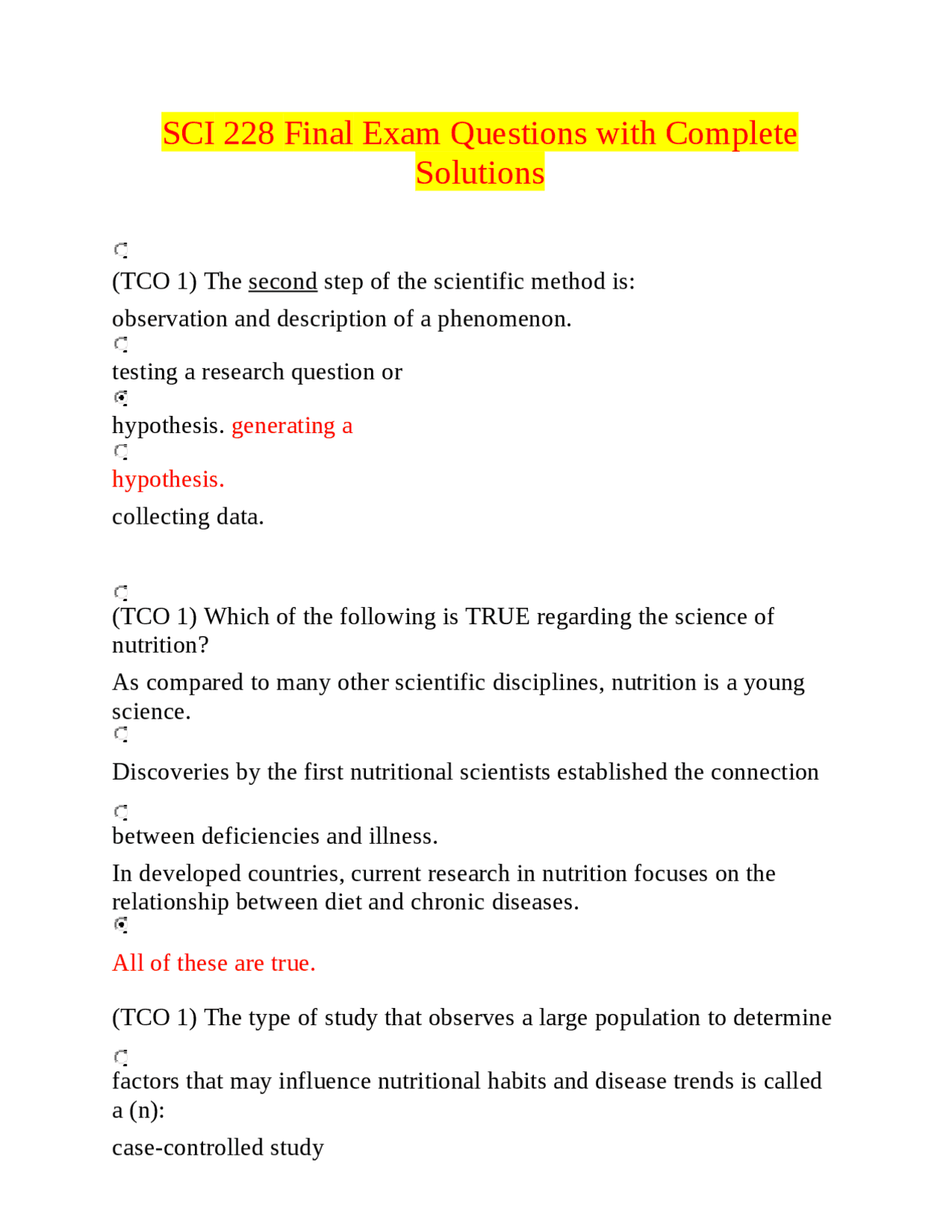 SCI 228 Final Exam Questions with Complete Solutions | Exams Nursing | Docsity