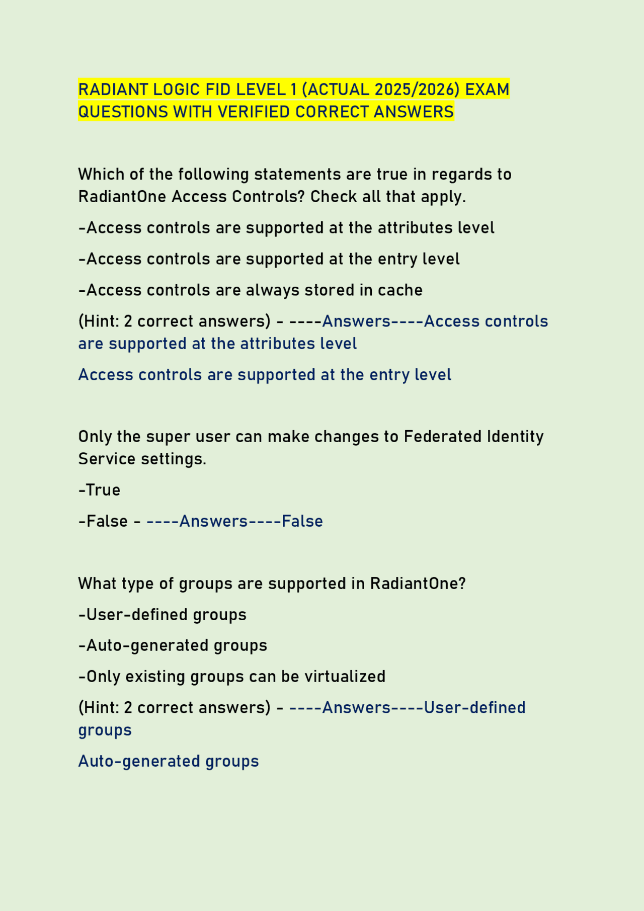 RADIANT LOGIC FID LEVEL 1 (ACTUAL 2025/2026) EXAM QUESTIONS WITH VERIFIED CORRECT ANSWERS ...