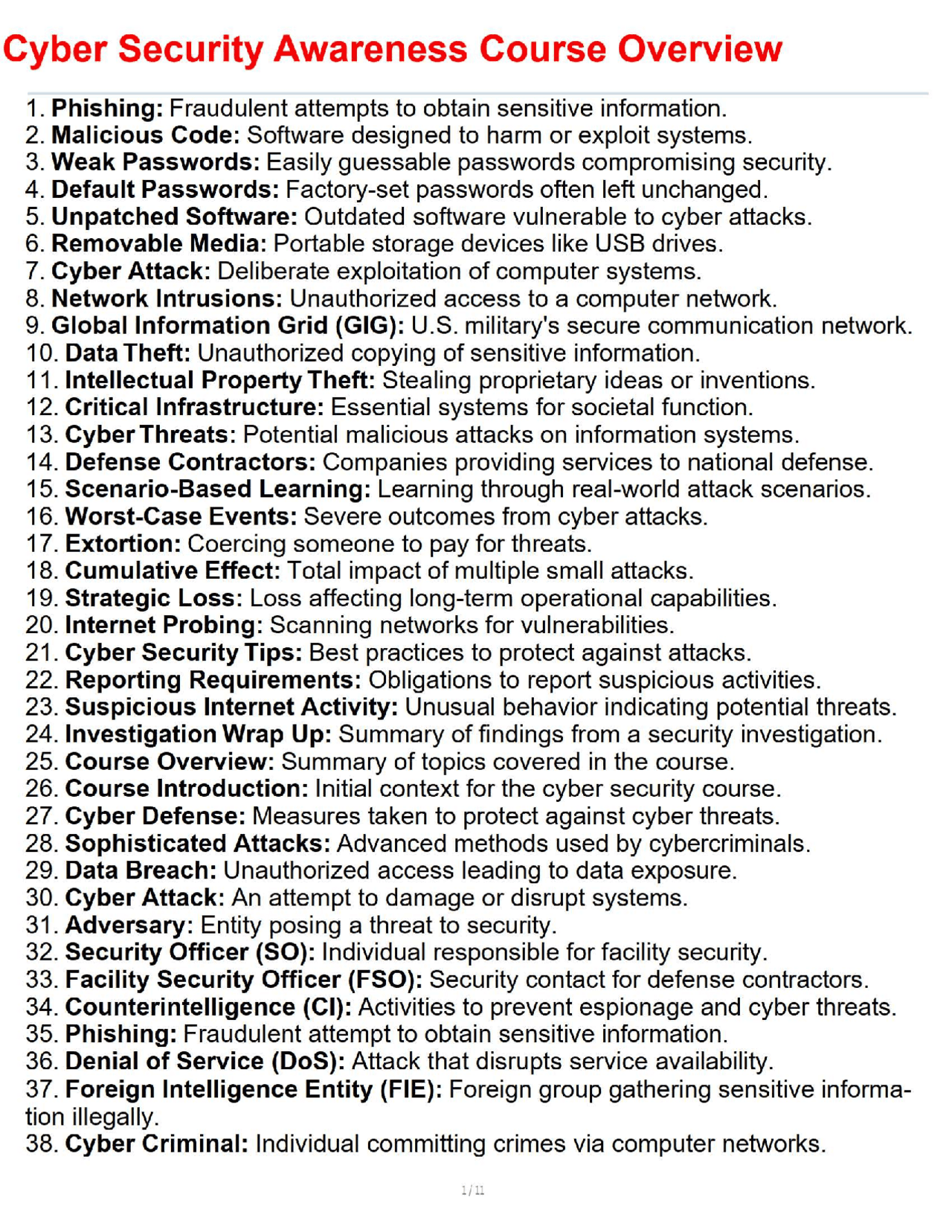 Cyber Security Awareness Course Overview.pdf | Exams Advanced Education | Docsity