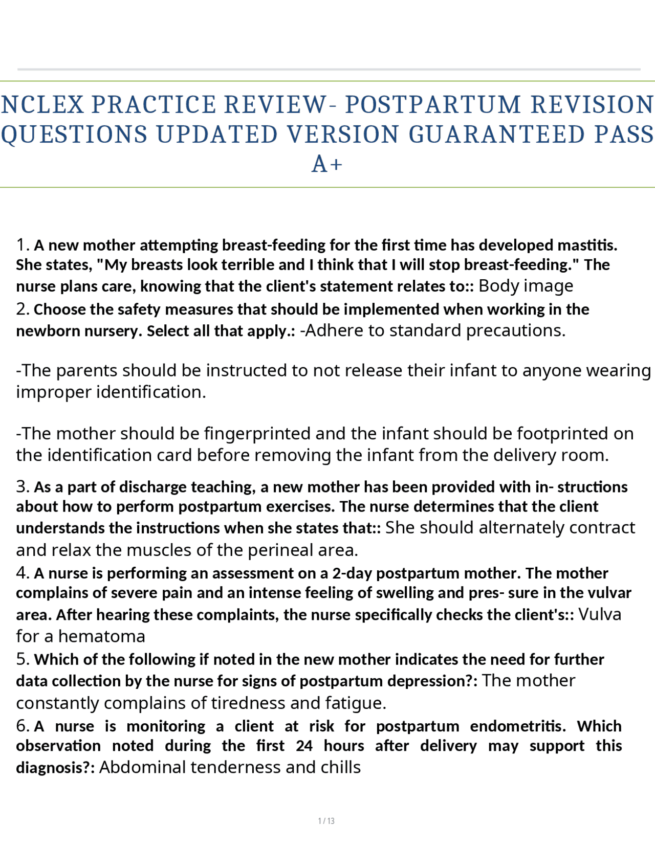 NCLEX PRACTICE REVIEW- POSTPARTUM REVISION QUESTIONS UPDATED VERSION ...