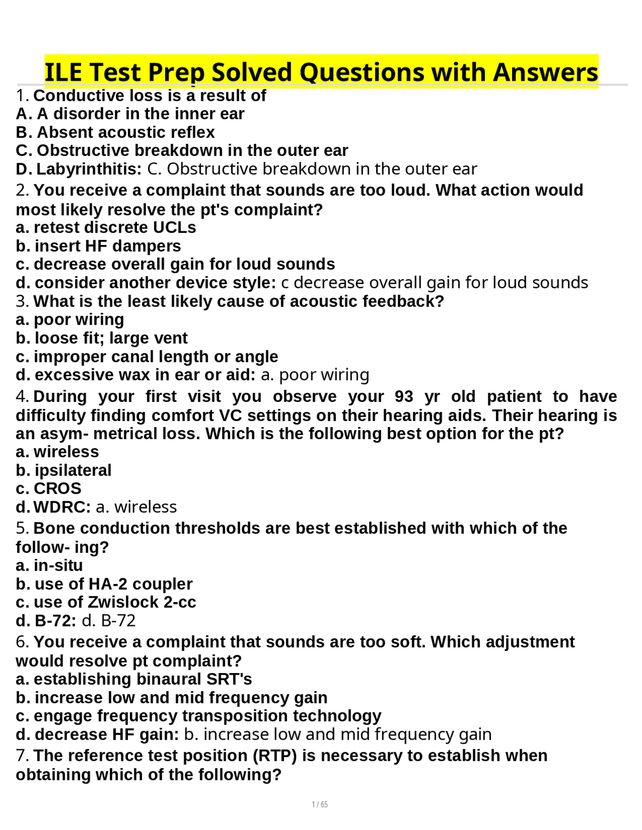 ILE Test Prep Solved Questions with Answers | Exams Medicine | Docsity