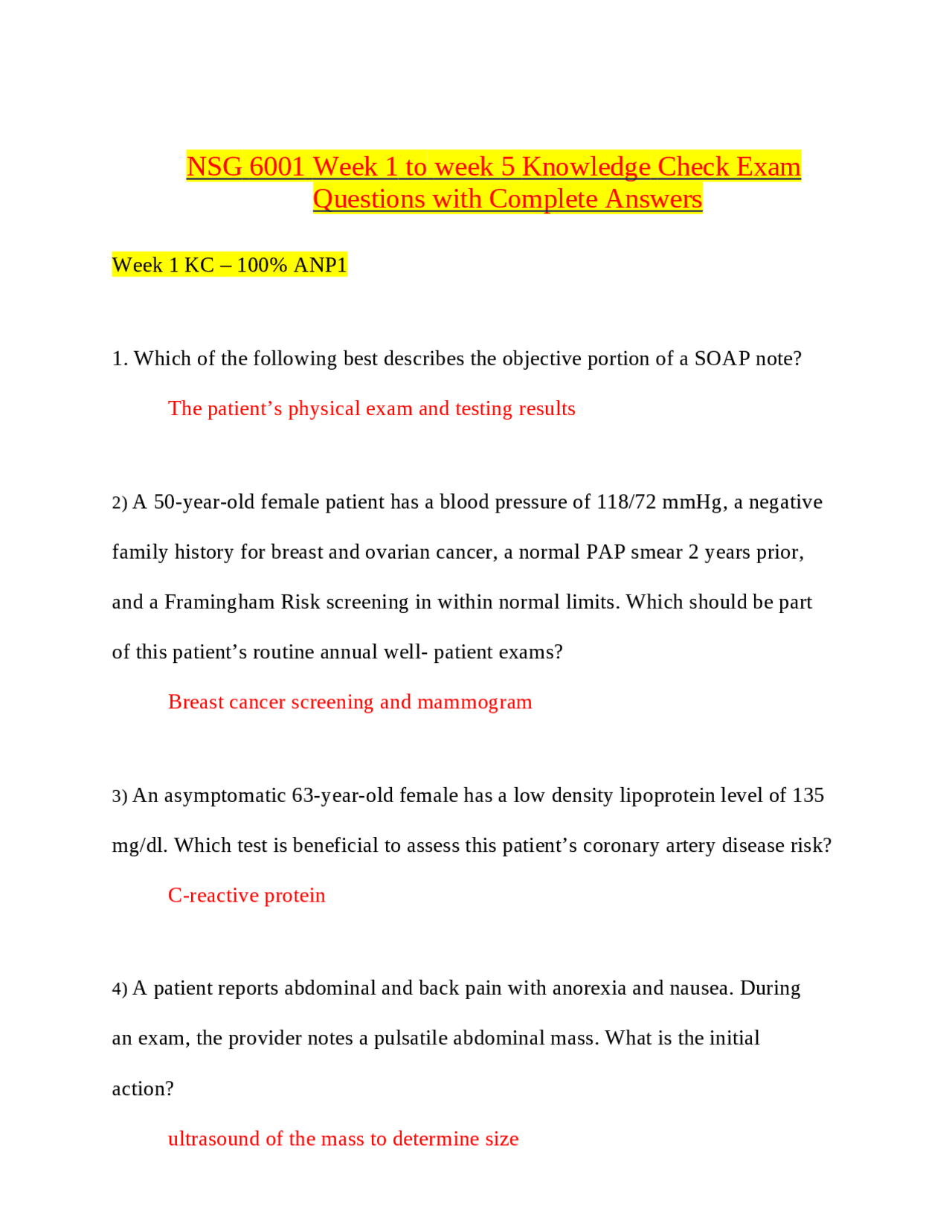 NSG 6001 Week 1 to week 5 Knowledge Check Exam Questions with Complete ...