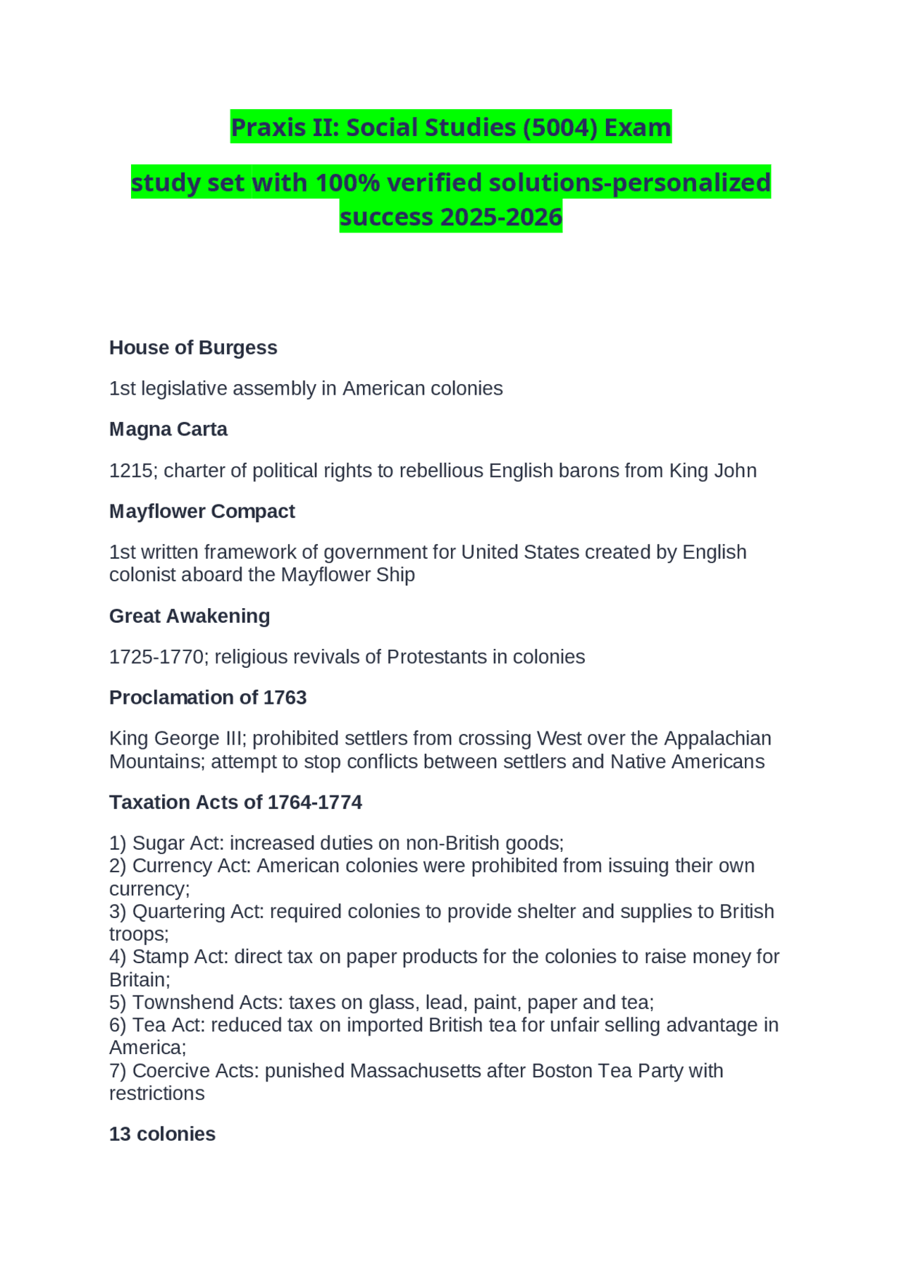 Praxis II- Social Studies (5004) Exam study set with 100% verified ...