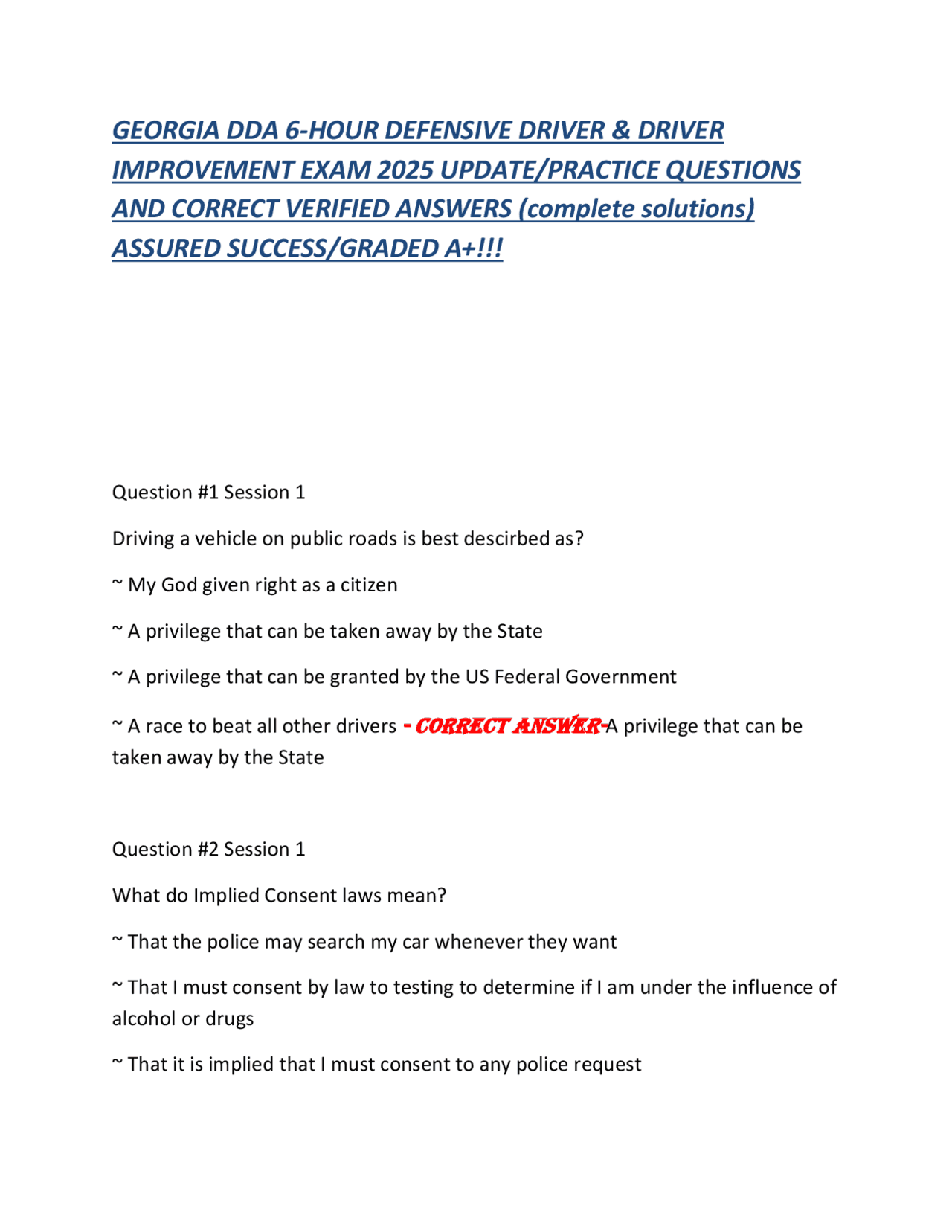 Georgia Defensive Driving Exam Practice Questions and Answers | Exams ...