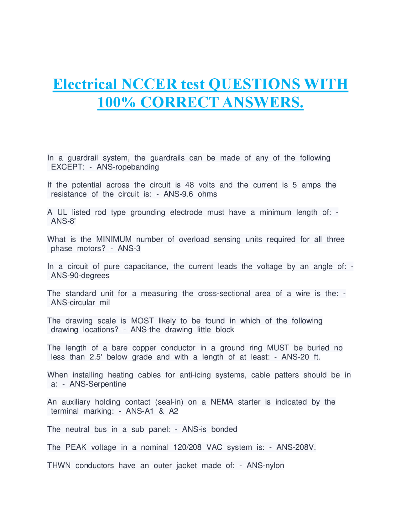 Electrical NCCER test QUESTIONS WITH 100% CORRECT ANSWERS. | Exams ...