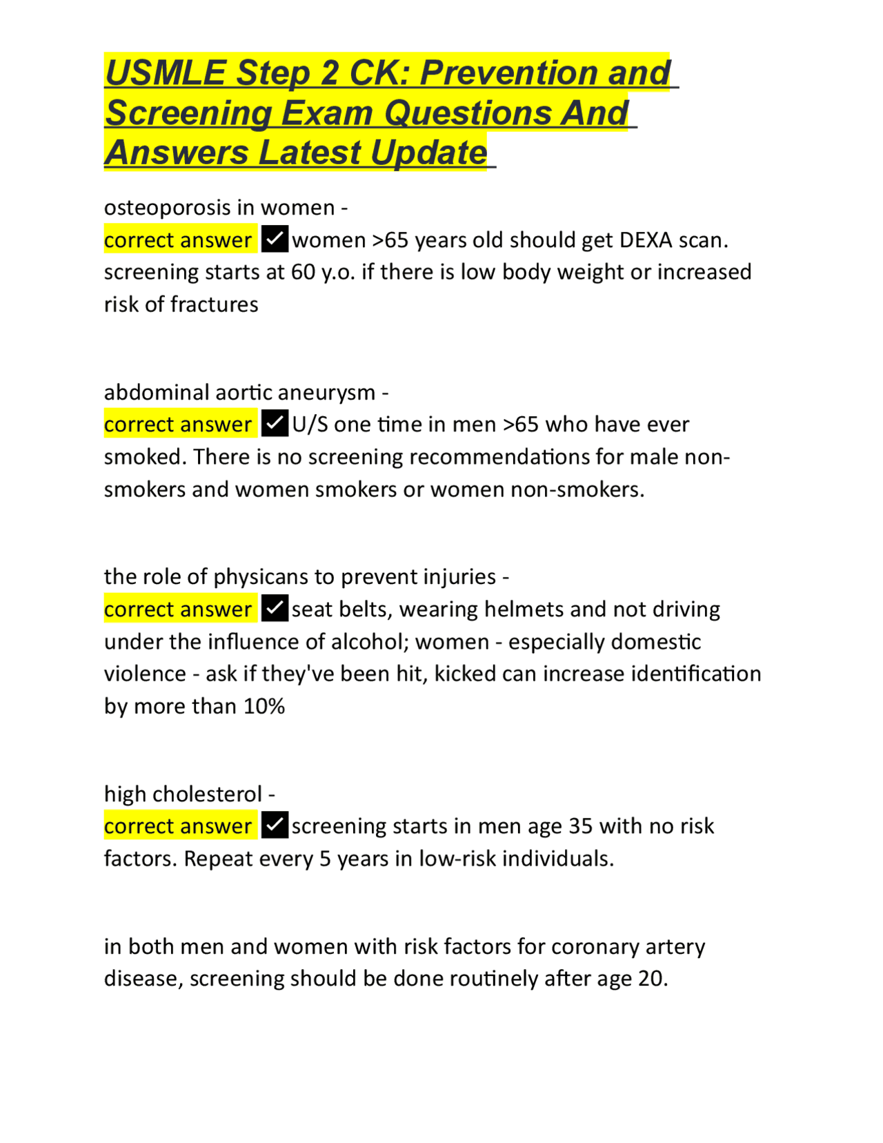 USMLE Step 2 CK: Prevention and Screening Exam Questions and Answers ...