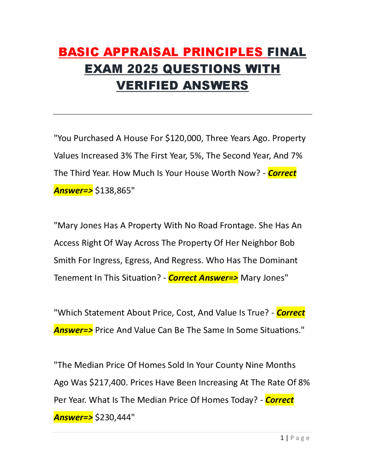 BASIC APPRAISAL PRINCIPLES FINAL EXAM 2025 QUESTIONS WITH VERIFIED ...