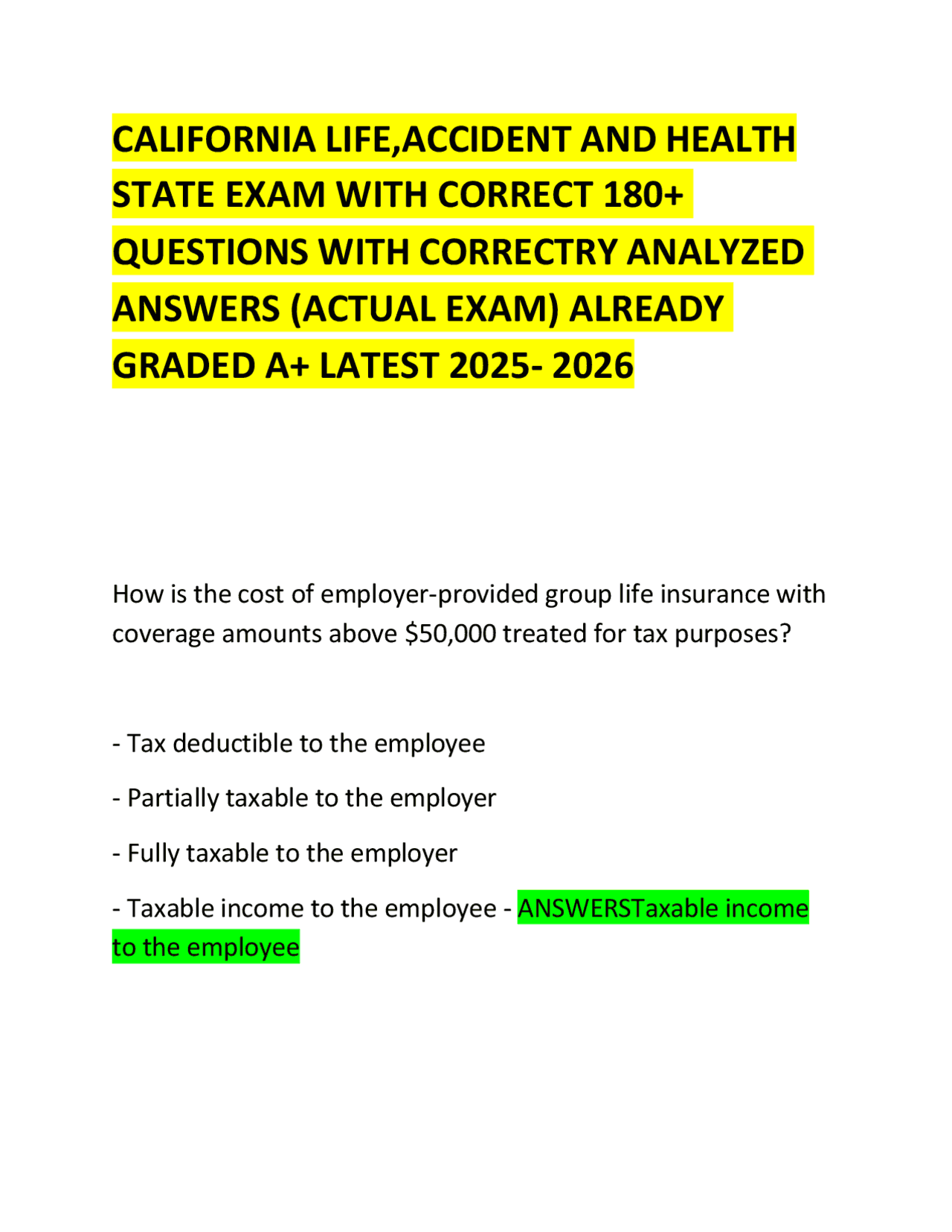 CALIFORNIA LIFE,ACCIDENT AND HEALTH STATE EXAM WITH CORRECT 180 ...
