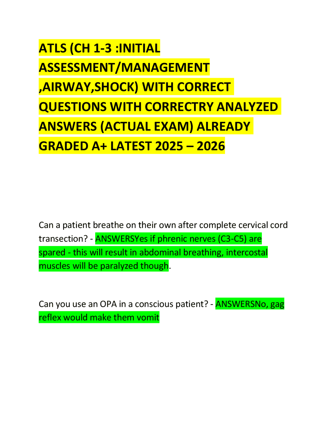 ATLS (CH 1-3 :INITIAL ASSESSMENT/MANAGEMENT ,AIRWAY,SHOCK) WITH CORRECT ...