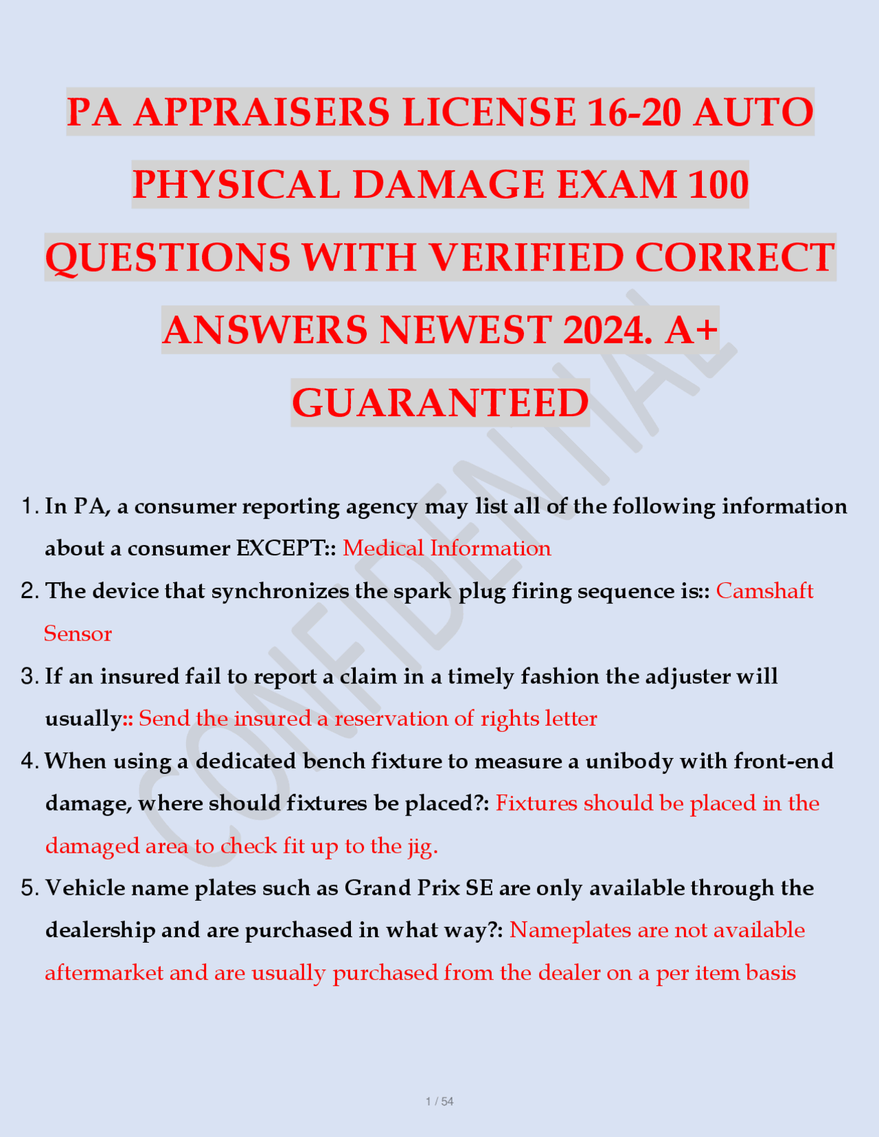 PA APPRAISERS LICENSE 16-20 AUTO PHYSICAL DAMAGE EXAM 100 QUESTIONS ...