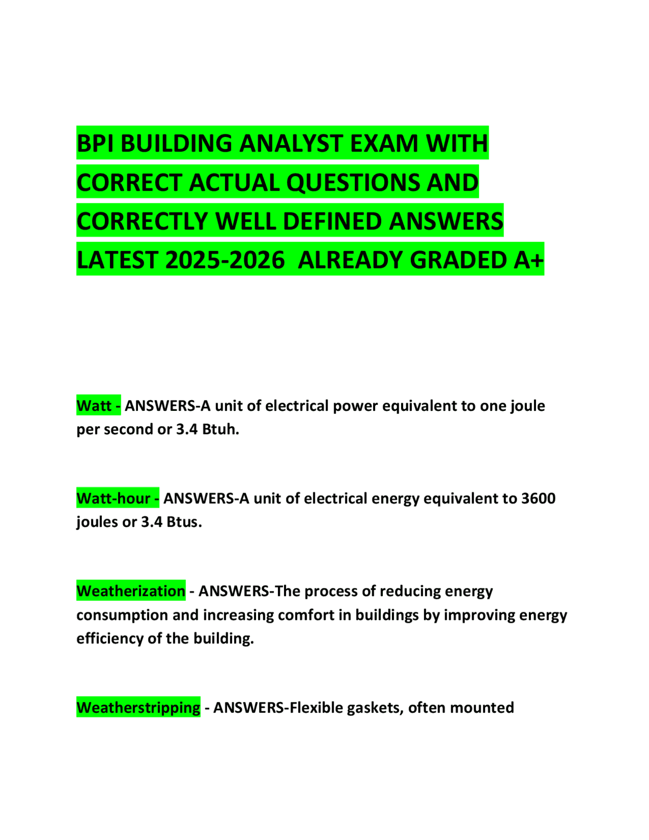 BPI BUILDING ANALYST EXAM WITH CORRECT ACTUAL QUESTIONS | Exams ...
