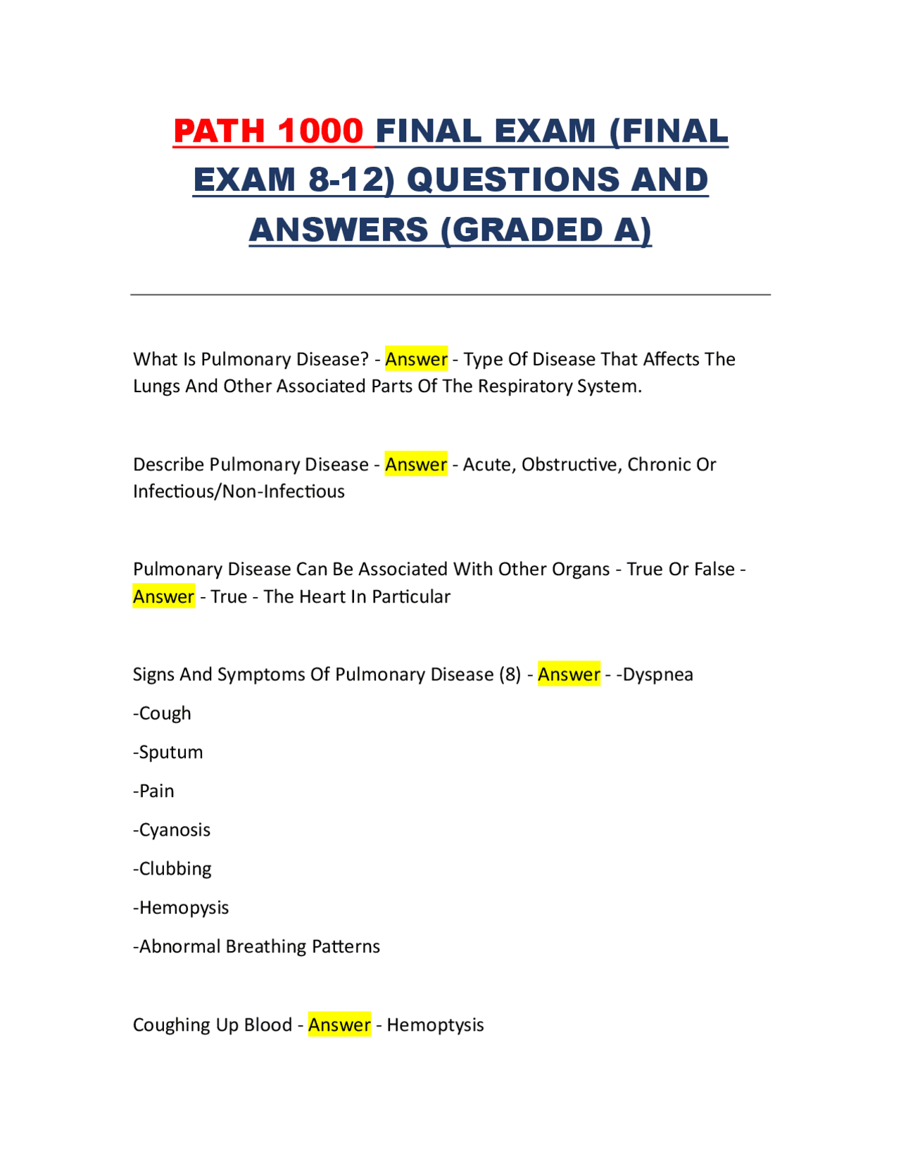 PATH 1000 FINAL EXAM (FINAL EXAM 8-12) QUESTIONS AND ANSWERS (GRADED A ...