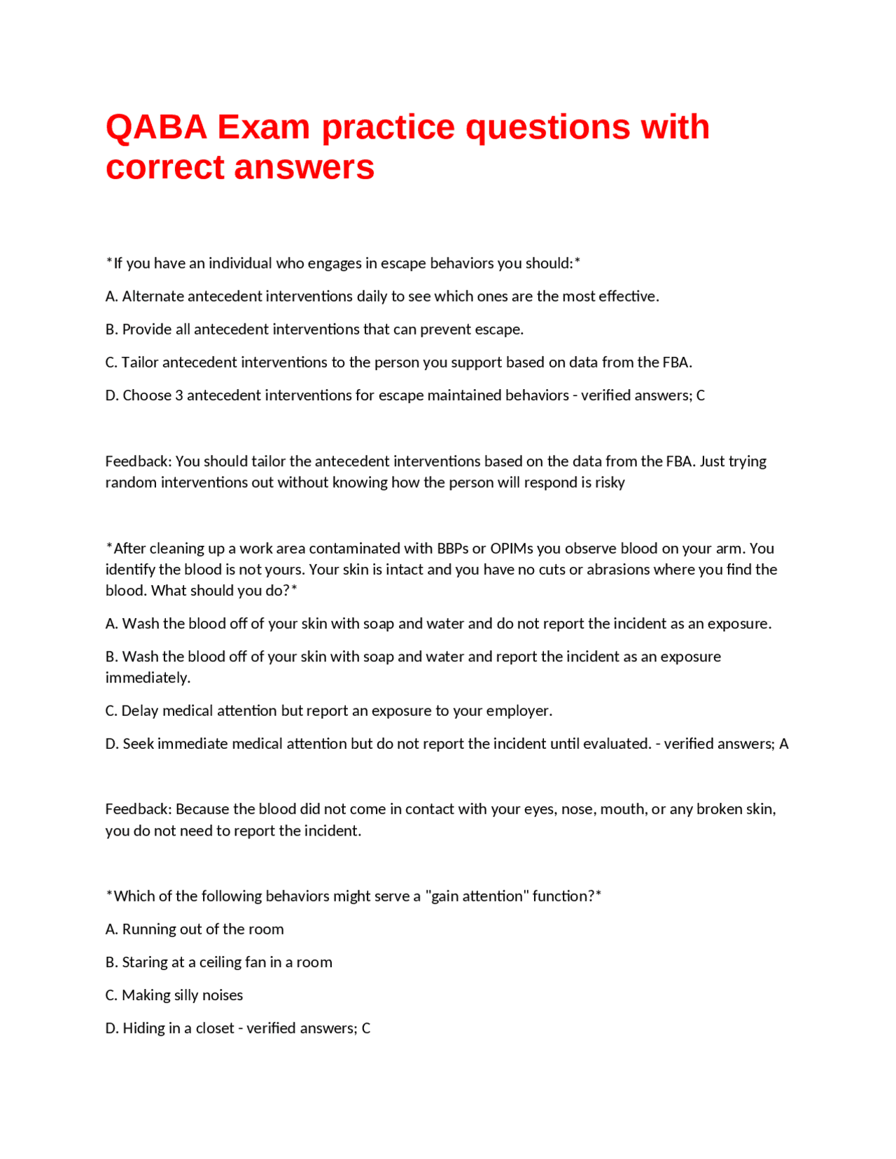 QABA Exam Practice Questions with Correct Answers | Exams Nursing | Docsity