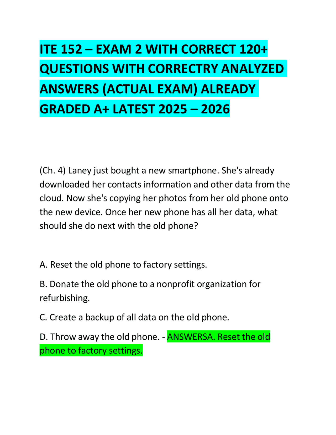 ITE 152 – EXAM 2 WITH CORRECT 120+ QUESTIONS WITH CORRECTRY ANALYZED ...