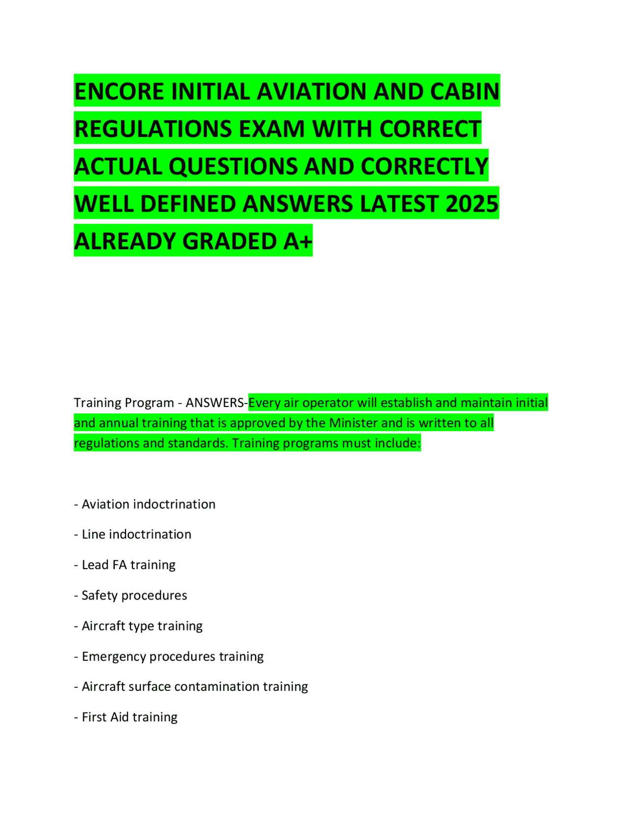 ENCORE INITIAL AVIATION AND CABIN REGULATIONS EXAM WITH CORRECT ACTUAL ...