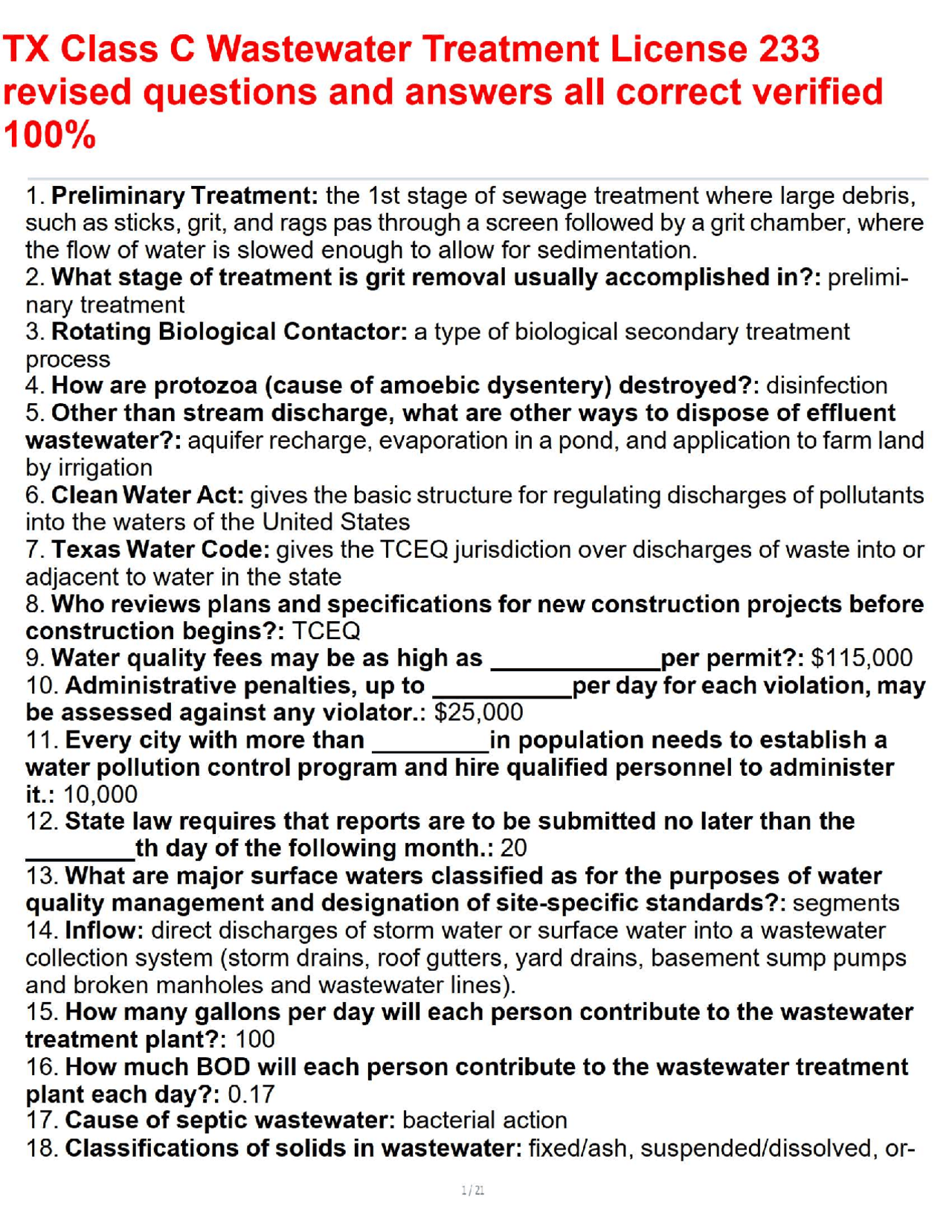 TX Class C Wastewater Treatment License 233 revised questions and ...