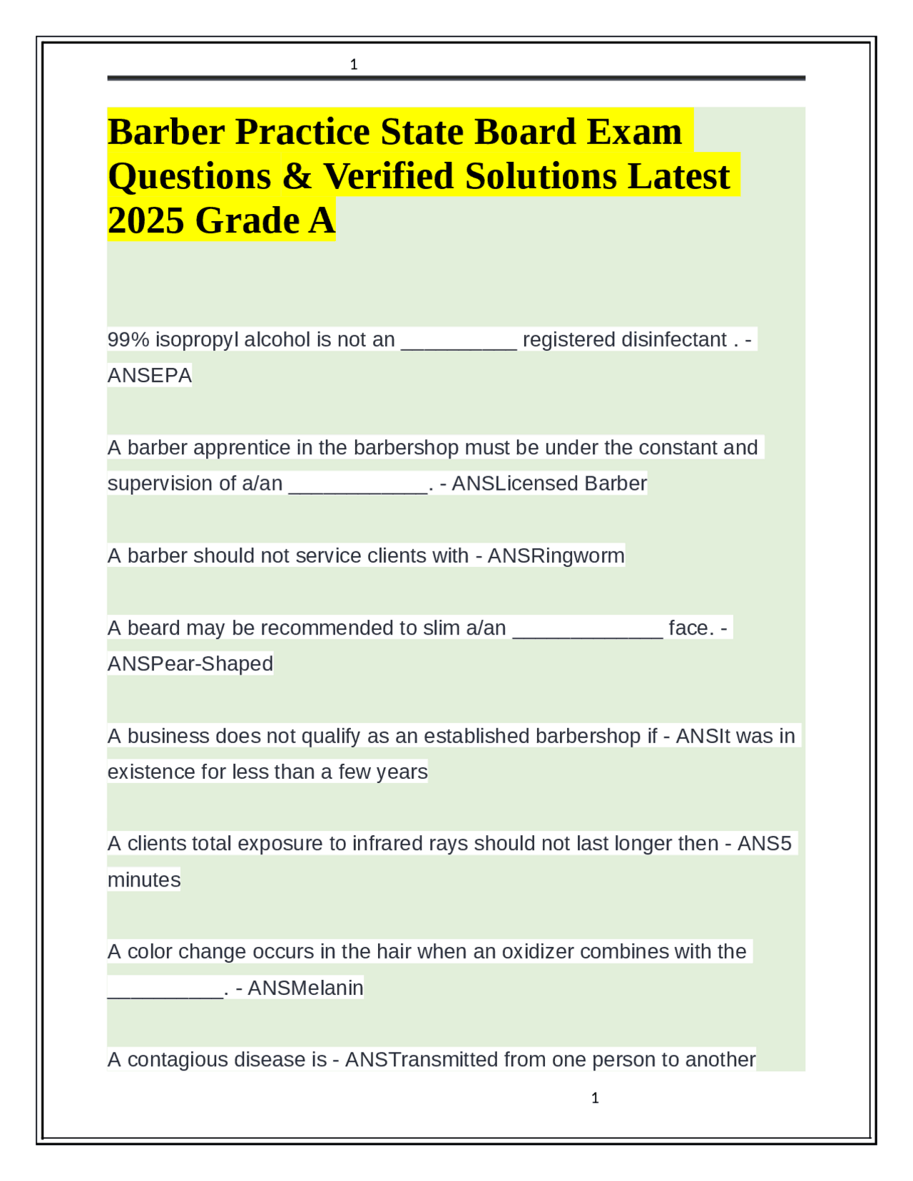 Barber Practice State Board Exam Questions & Verified Solutions Latest ...