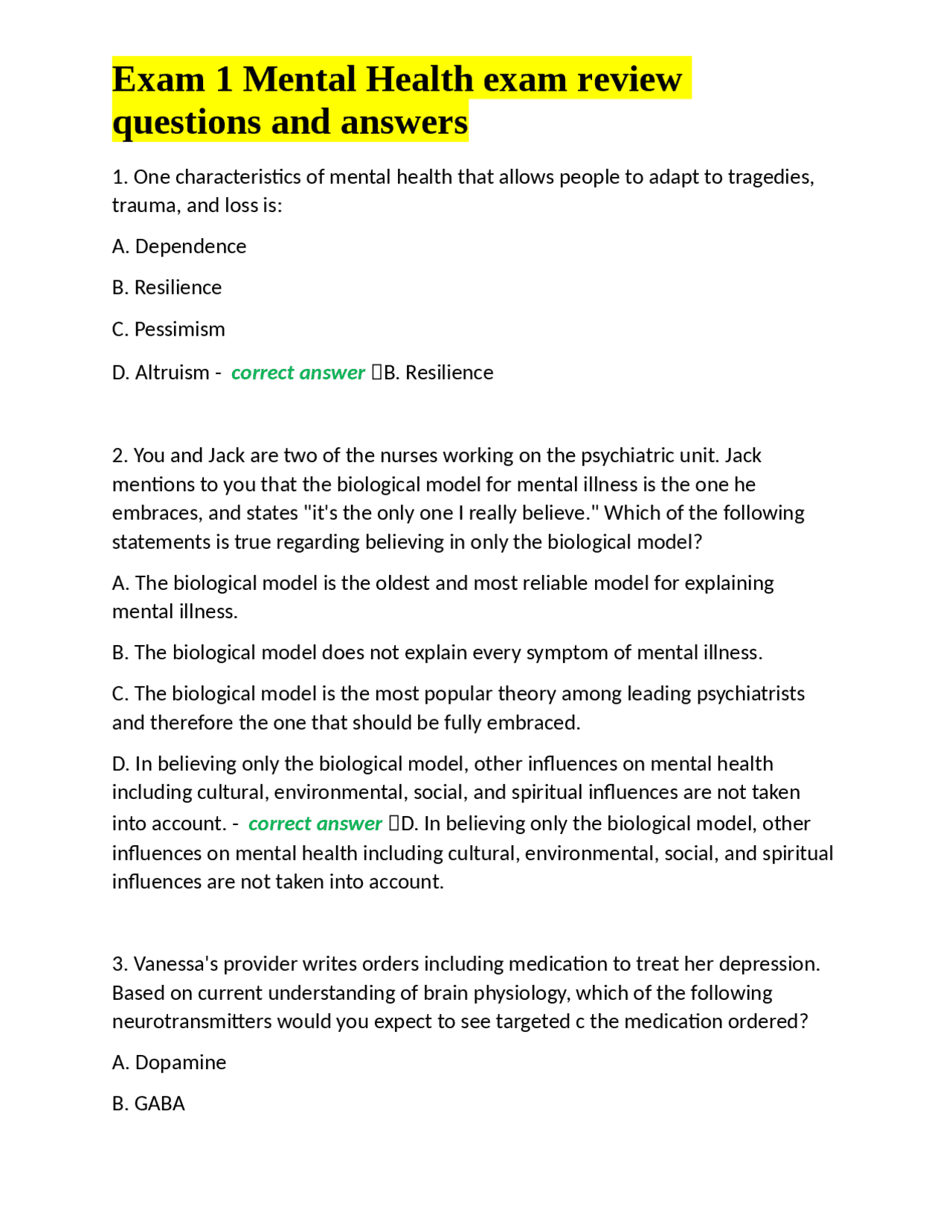 Mental Health Exam Review: Questions and Answers | Exams Nursing | Docsity