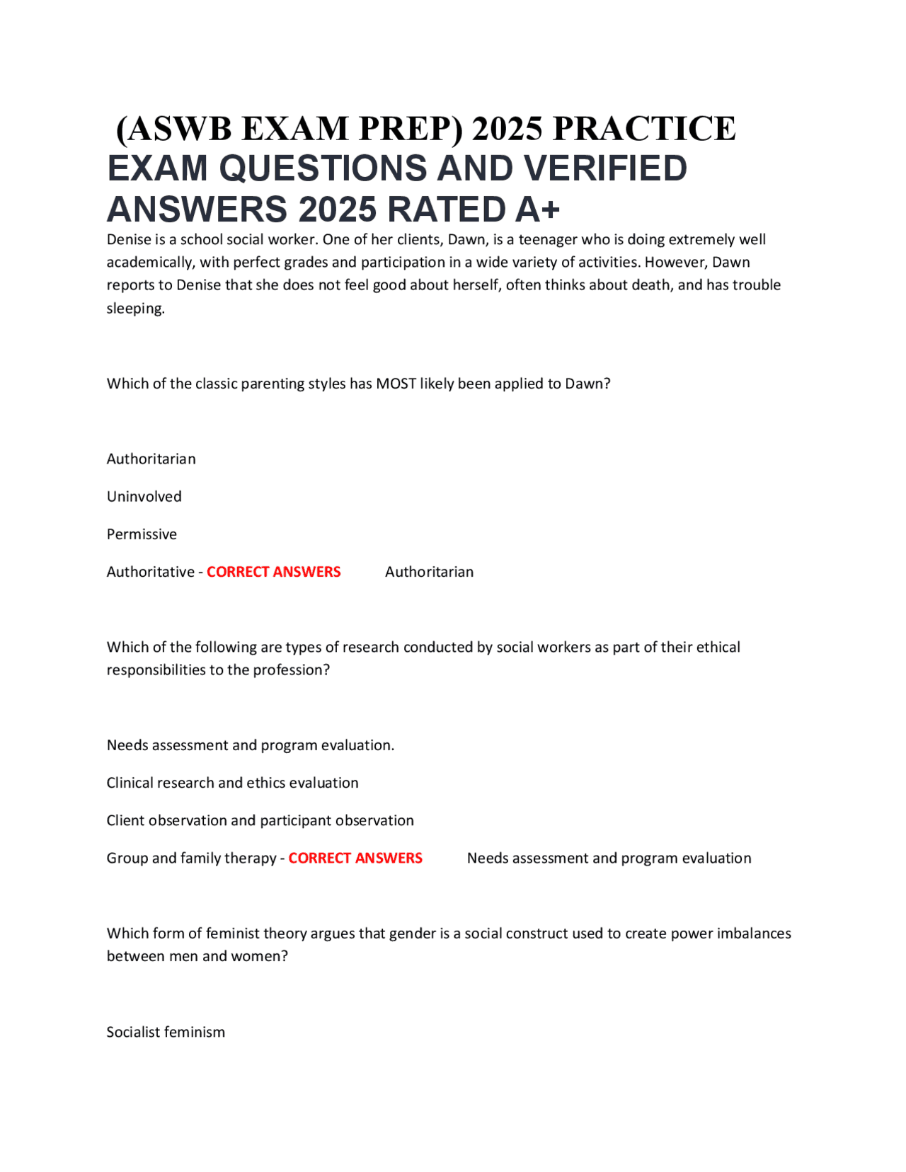 (ASWB EXAM PREP) 2025 PRACTICE EXAM QUESTIONS AND VERIFIED ANSWERS 2025 ...