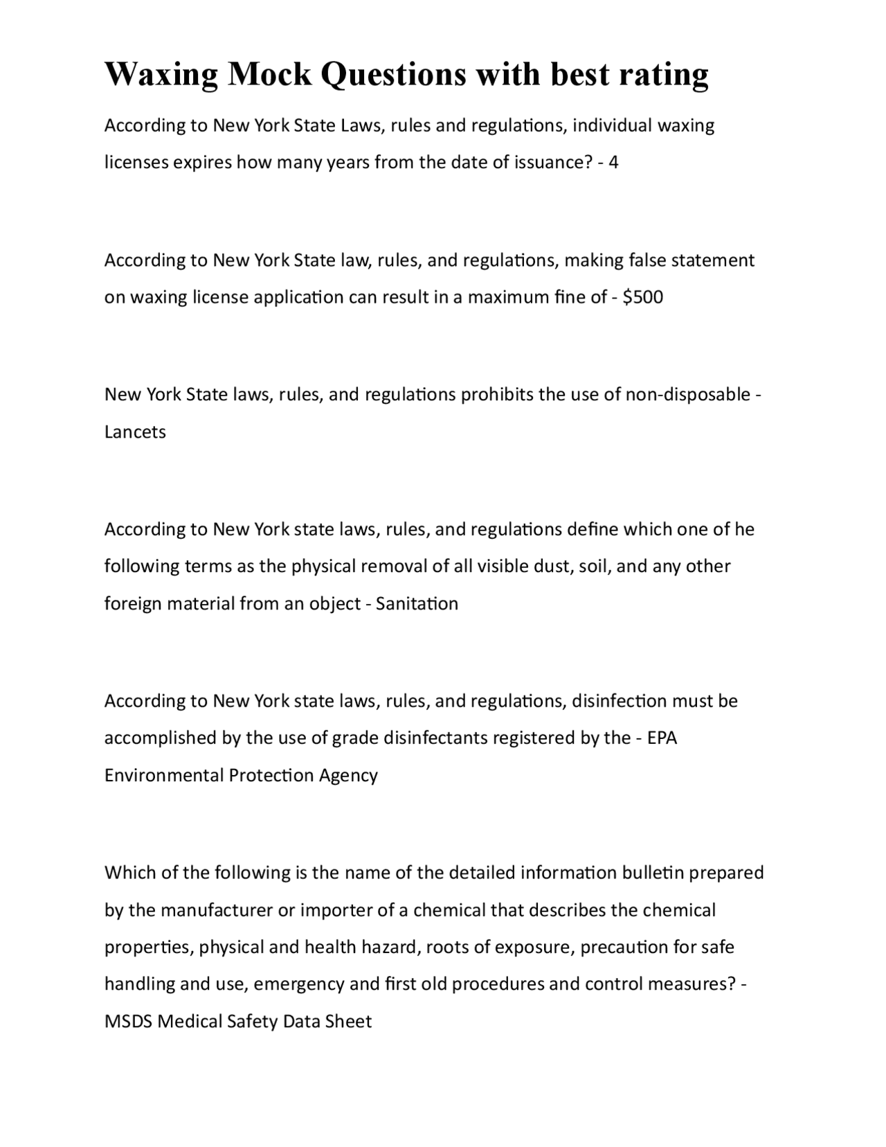 Waxing Mock Questions with best rating. | Exams Nursing | Docsity