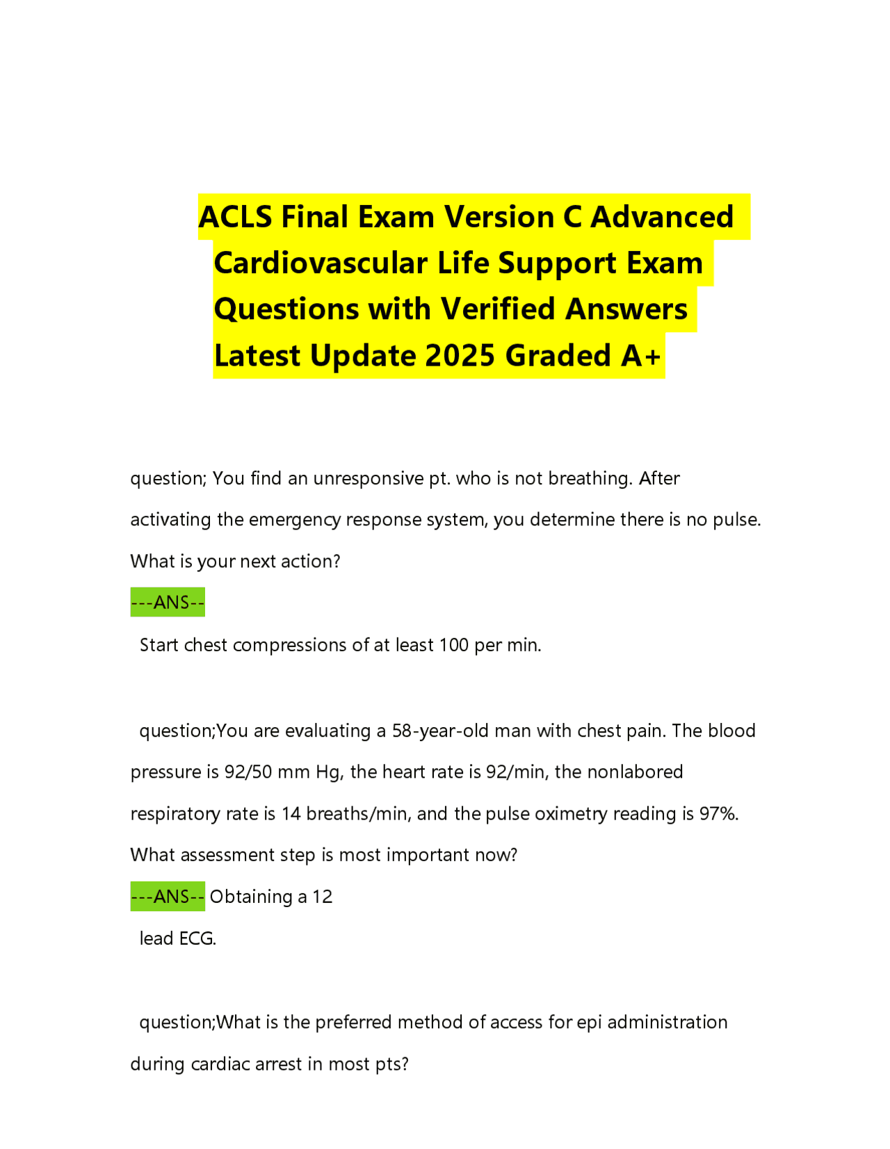 ACLS Final Exam Version C Advanced Cardiovascular Life Support Exam ...