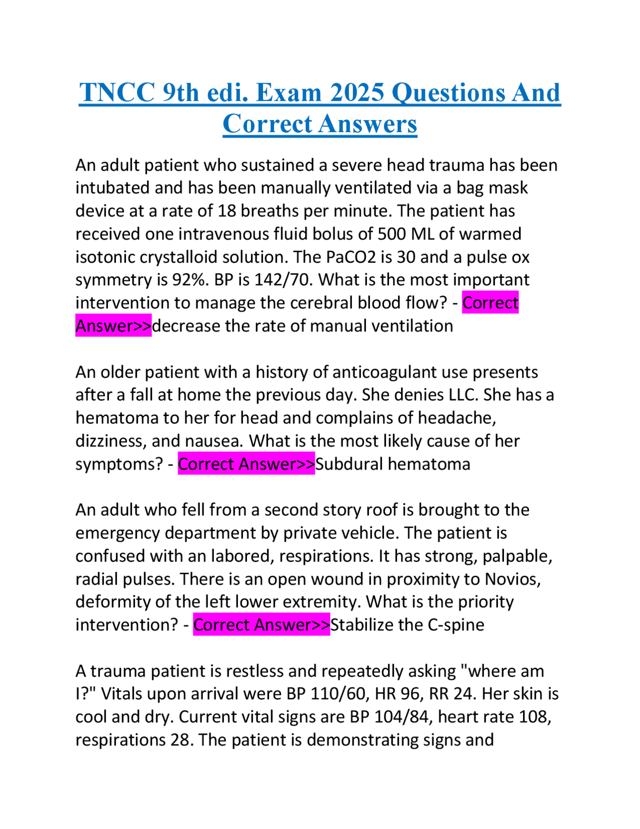 TNCC 9th edi. Exam 2025 Questions And Correct Answers | Exams Nursing ...