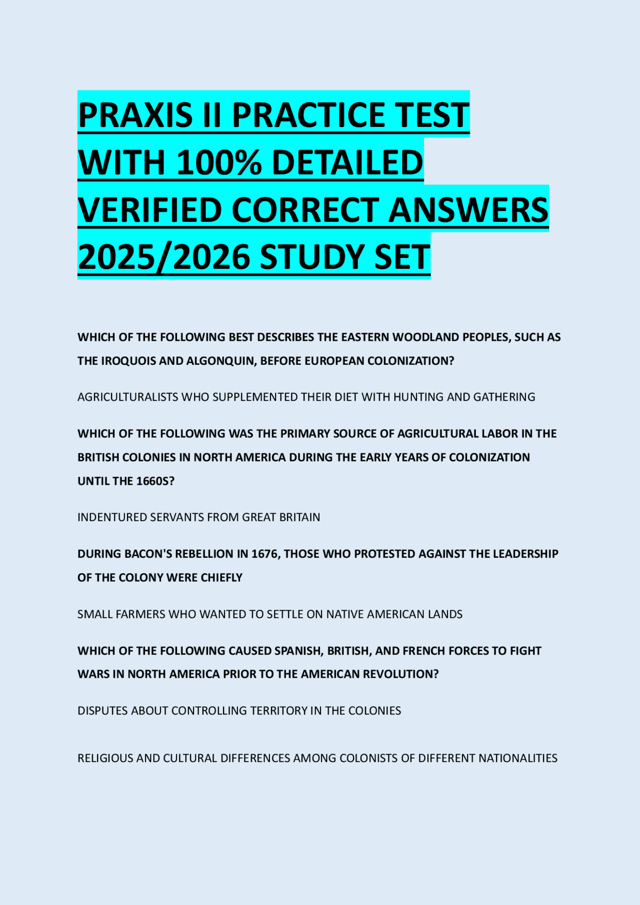 PRAXIS II PRACTICE TEST WITH 100% DETAILED VERIFIED CORRECT ANSWERS ...
