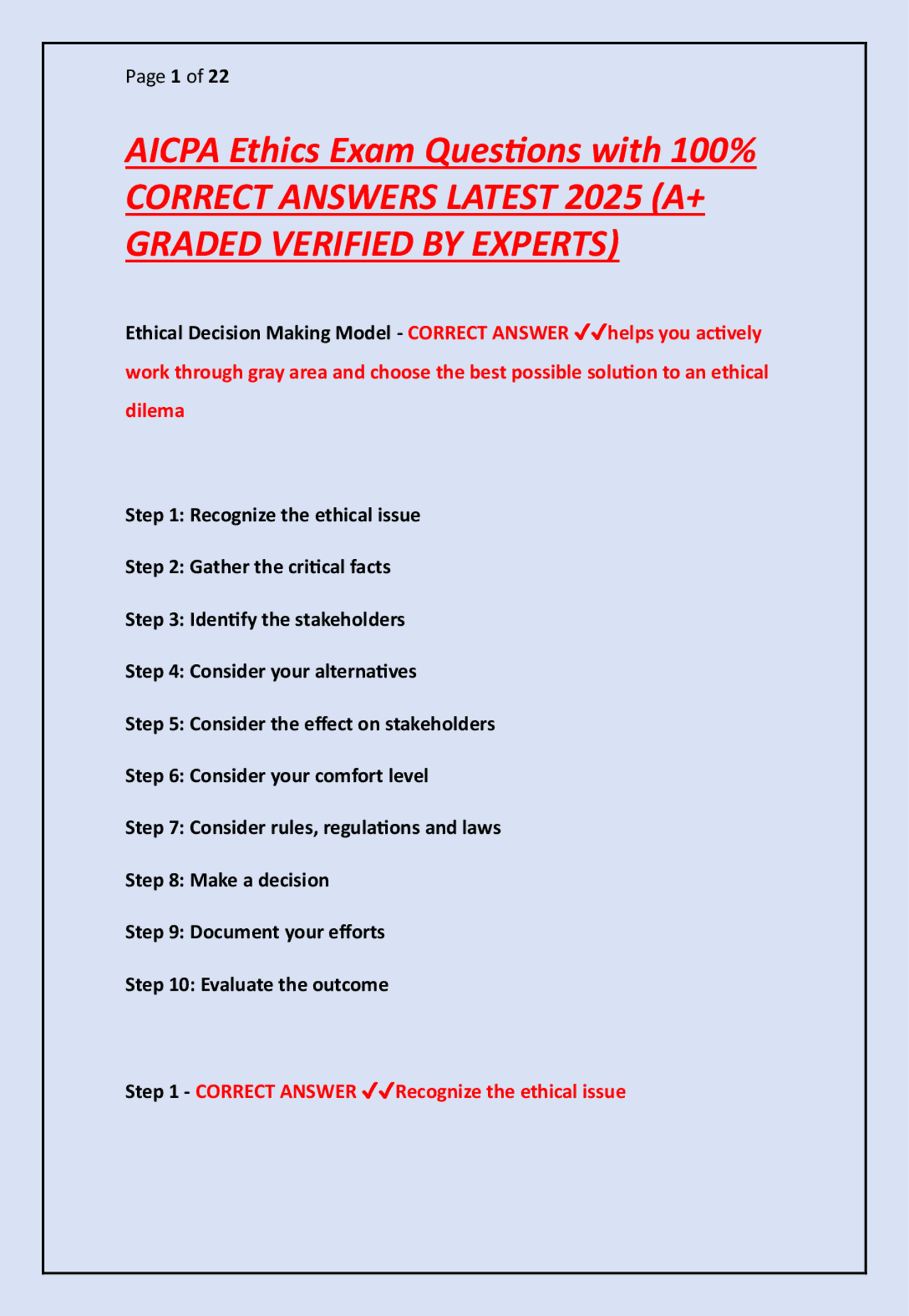 AICPA Ethics Exam Questions with 100% CORRECT ANSWERS LATEST 2025 (A+ ...